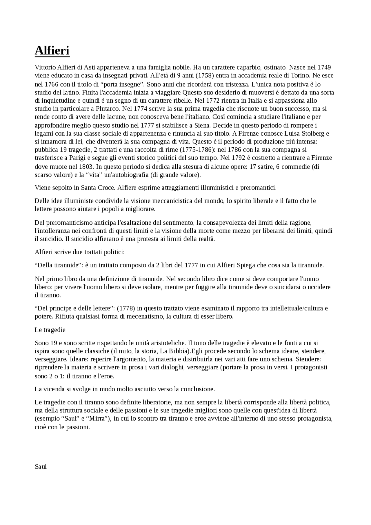 Alfieri E Le Tragedie Docsity