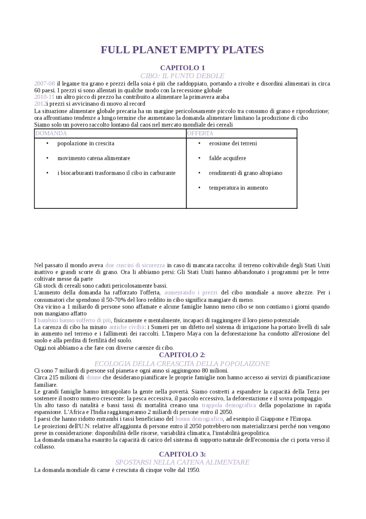 Riassunto FULL PLANET EMPTY PLATES (italiano) - Docsity