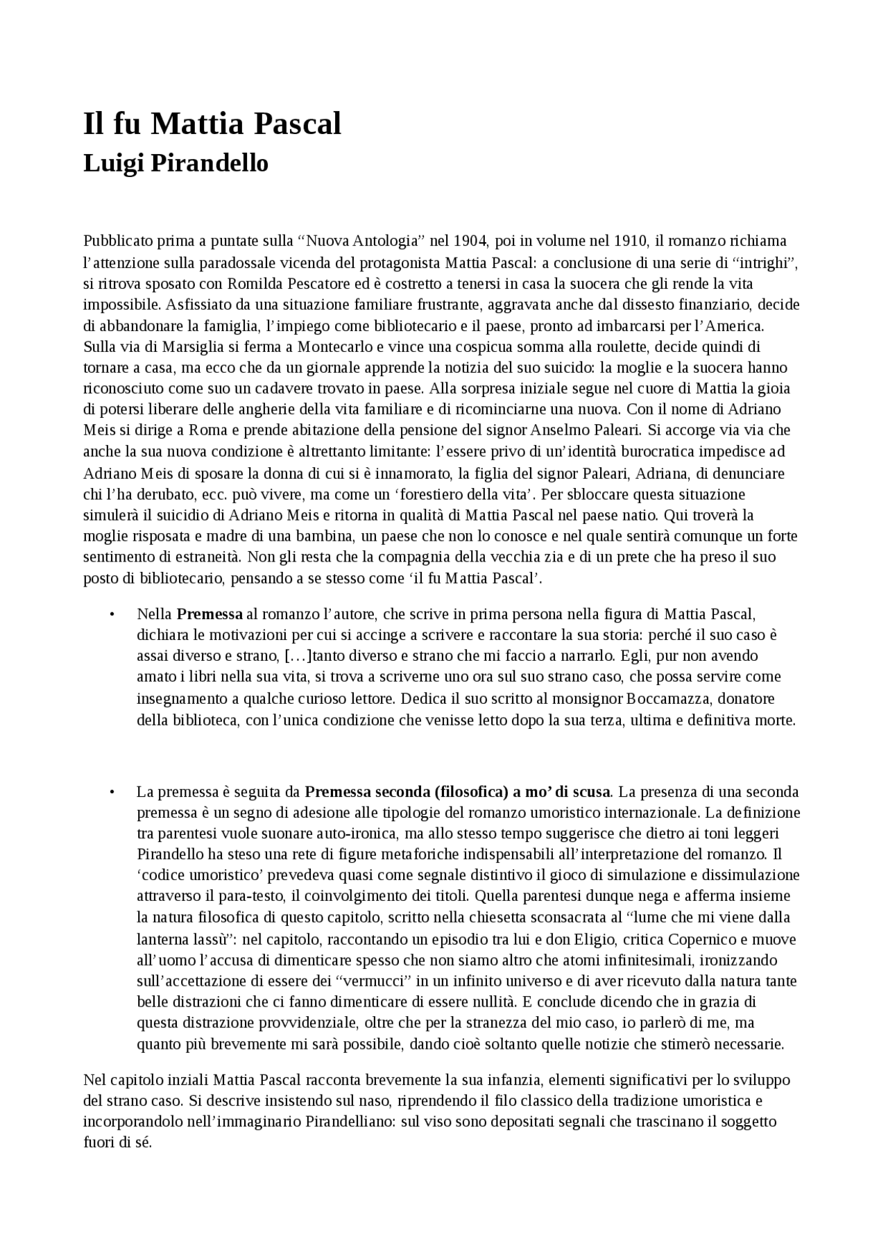 Il Fu Mattia Pascal Luigi Pirandello Docsity