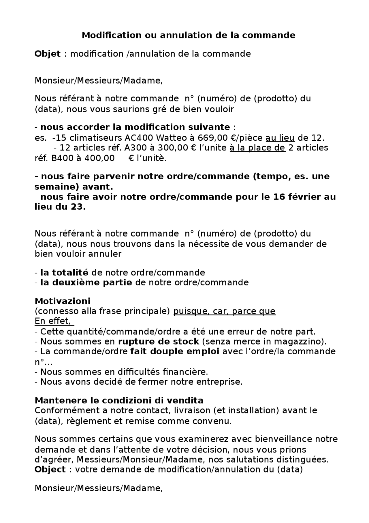 Modification ou annulation de la commande - Docsity