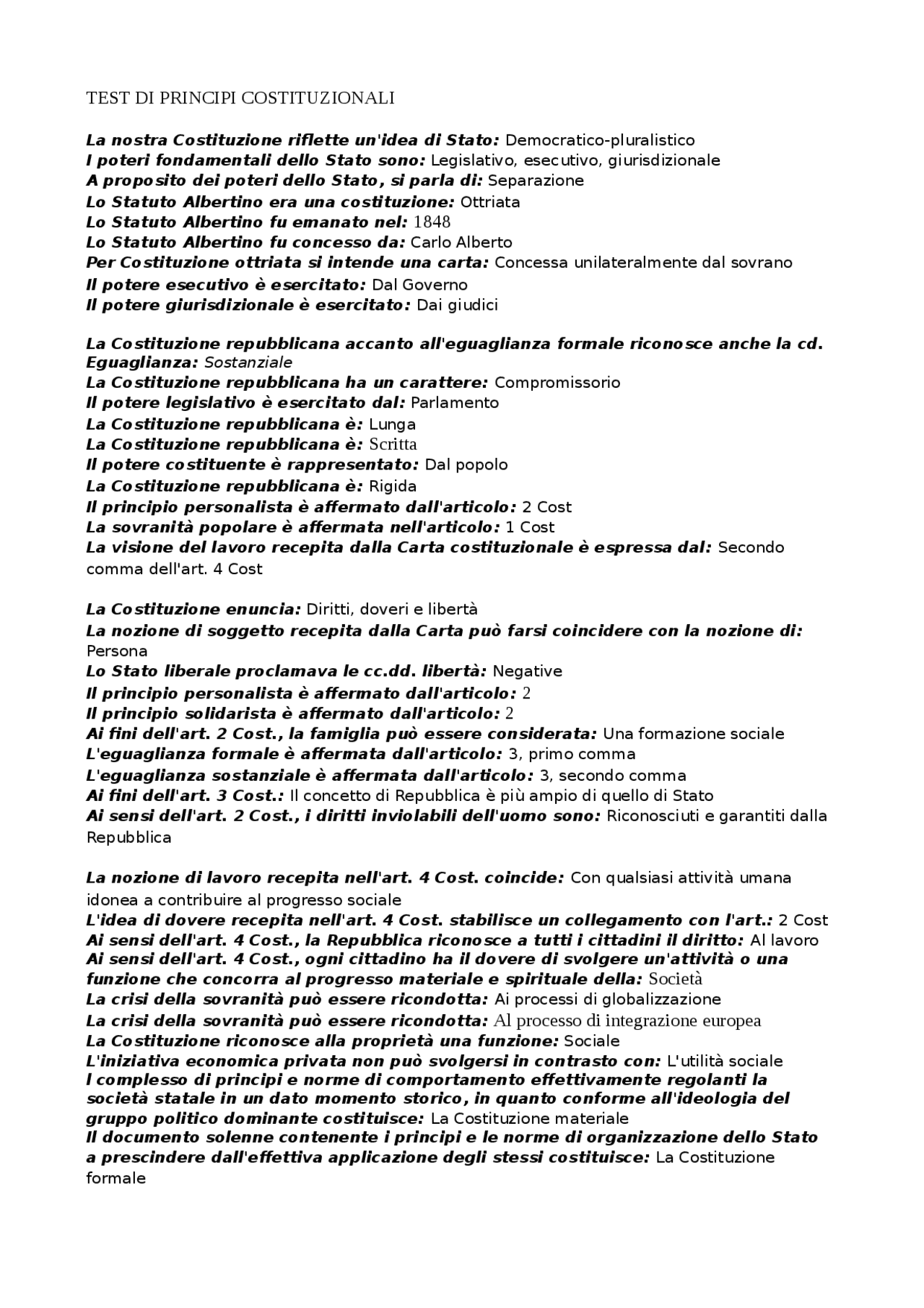 Test Principi Costituzionali Pegaso Docsity