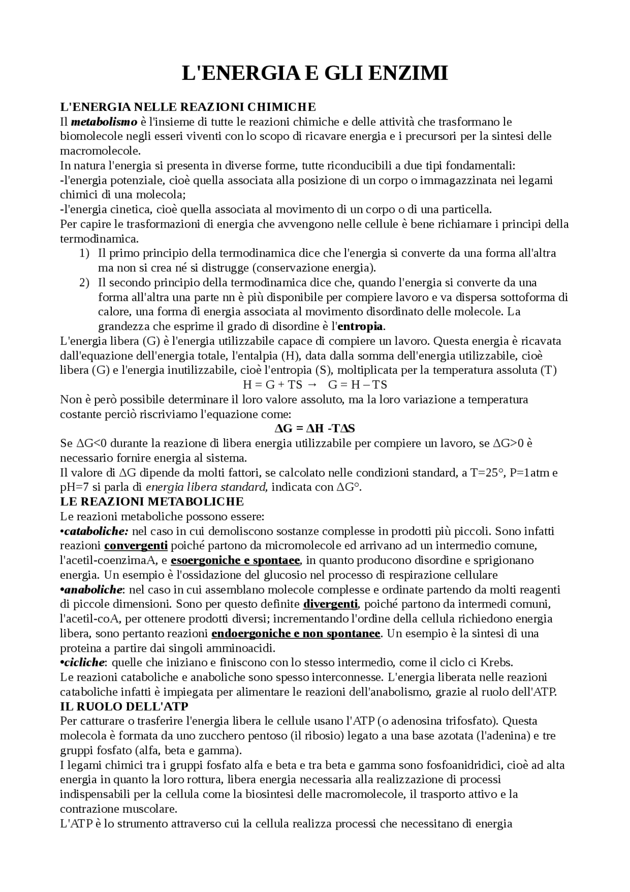 Enzimi Energia E Metabolismo Docsity