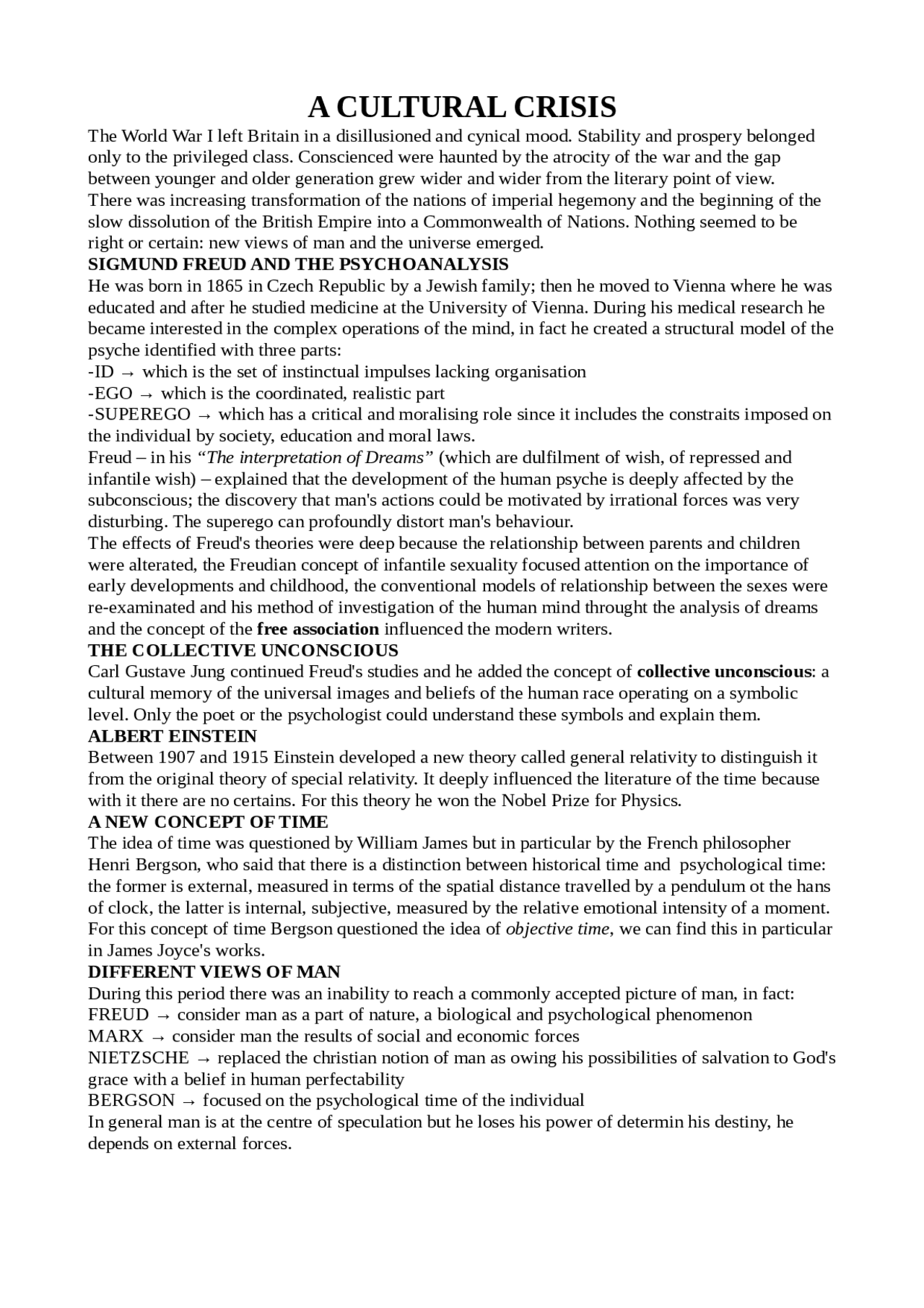 A cultural crisis in England after the World War I - Docsity