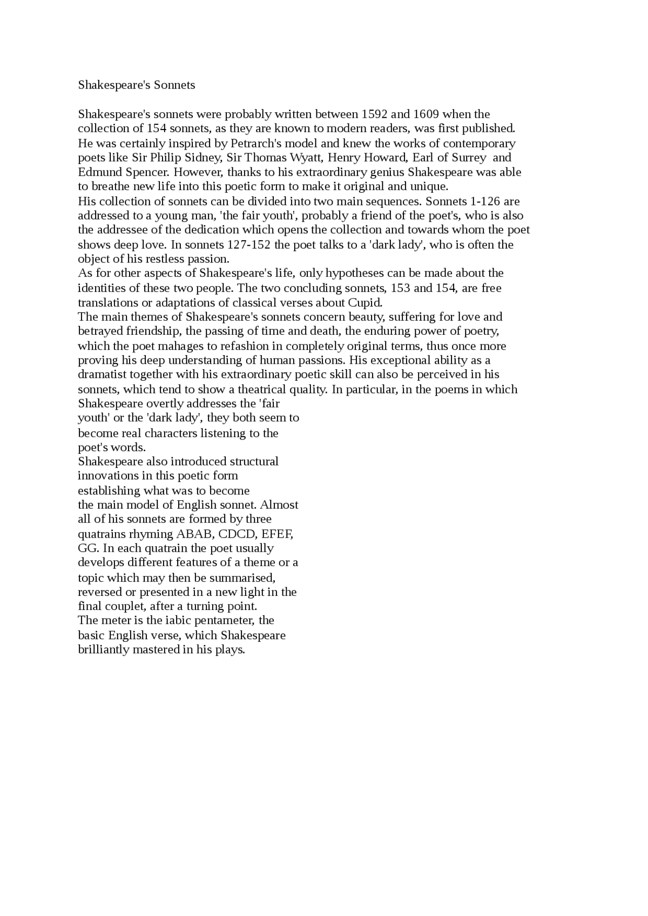 Shakespeares Sonnets Sintesi Per Interrogazione Docsity