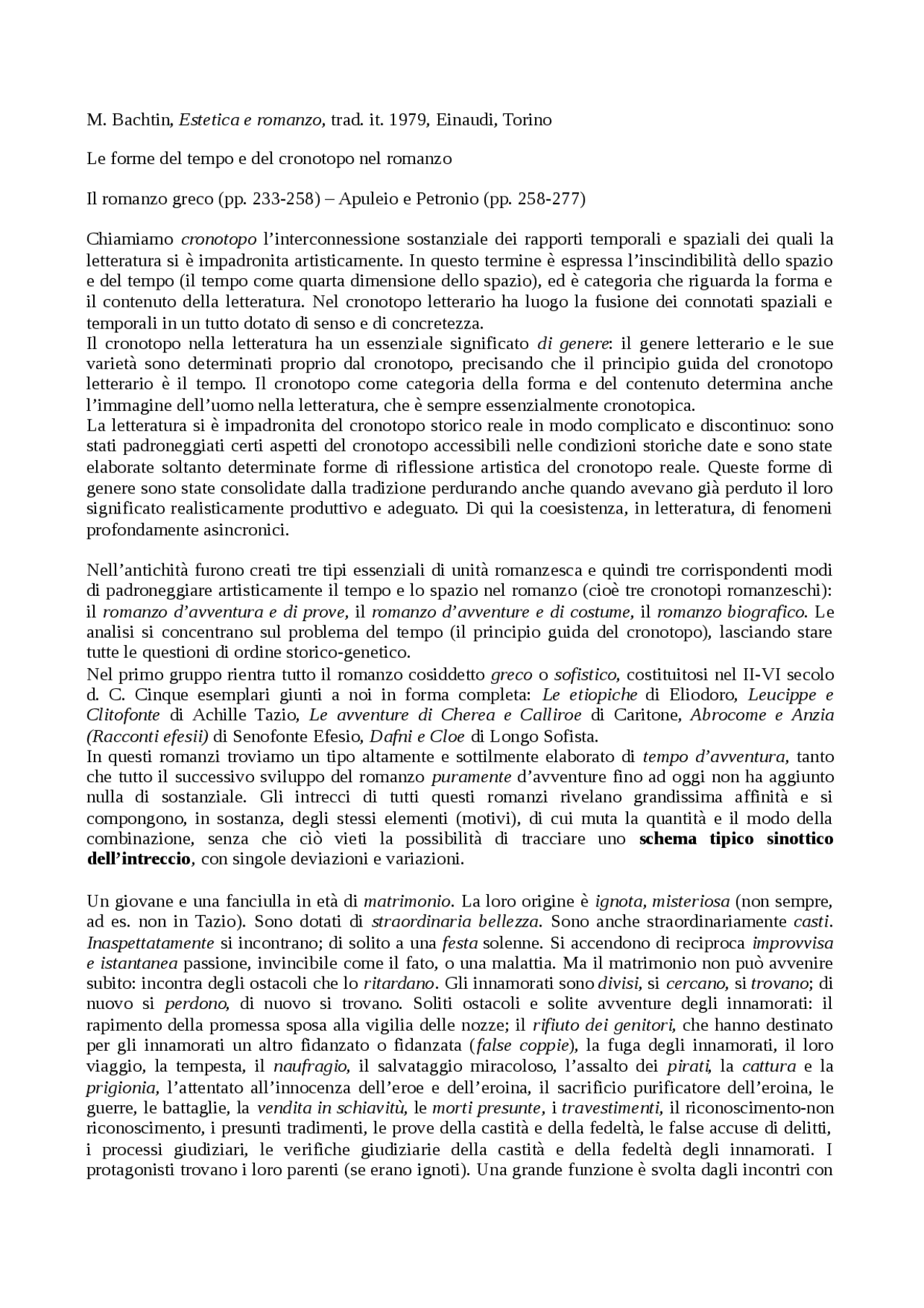 Romanzo Greco Nellottica Di Bachtin Docsity
