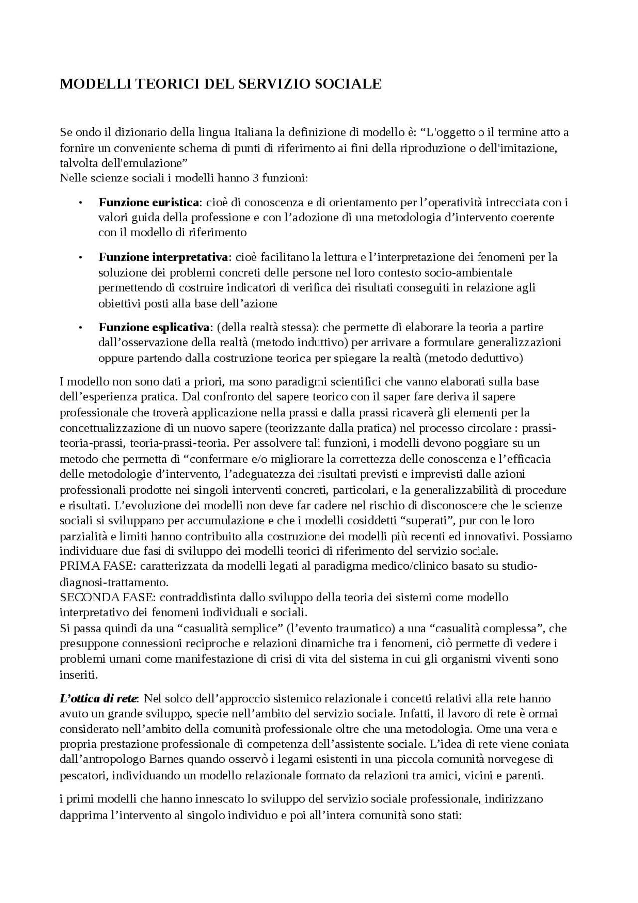 Modelli Teorici Del Servizio Sociale Docsity