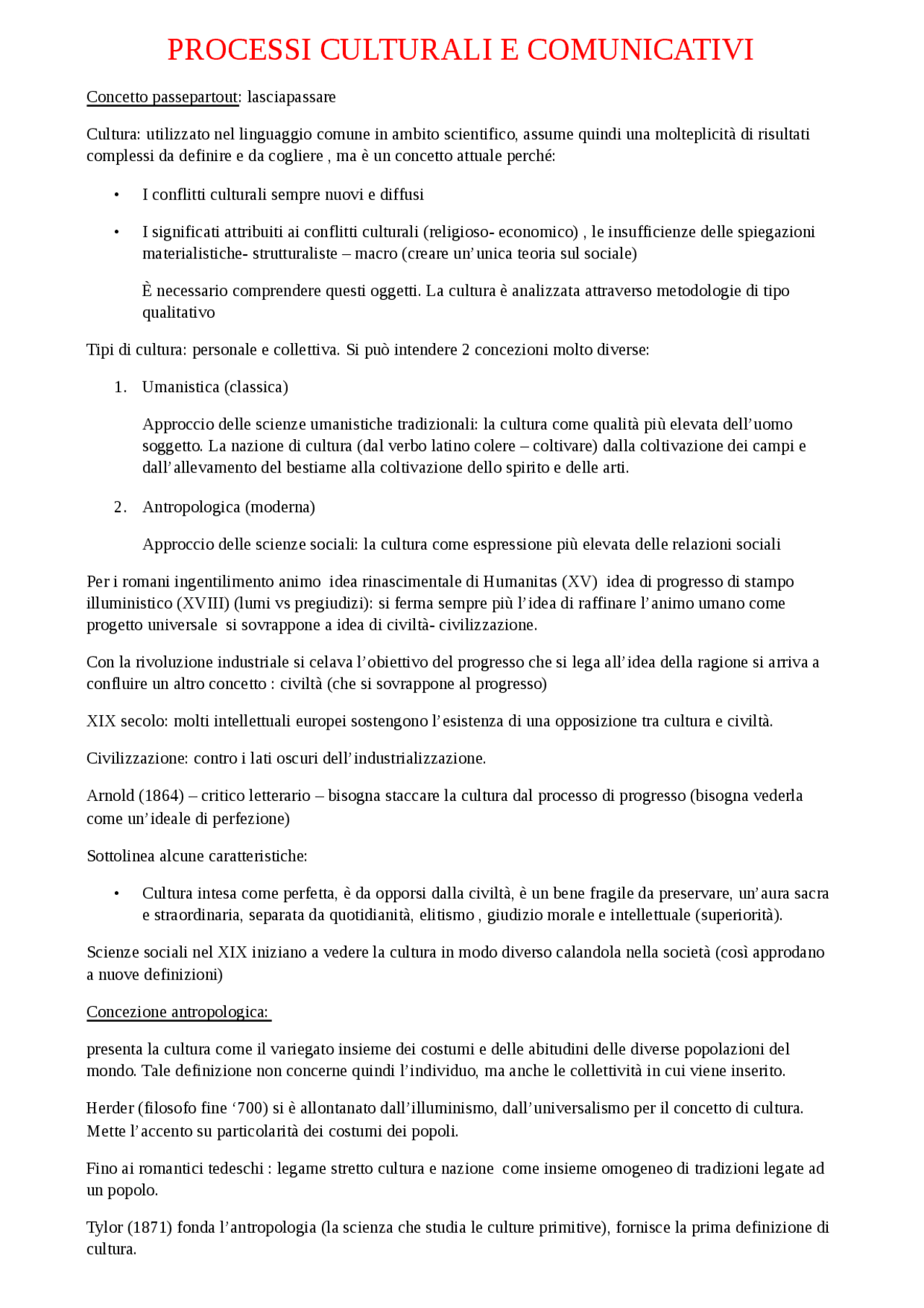 Appunti Processi Culturali Prof Camozzi Docsity