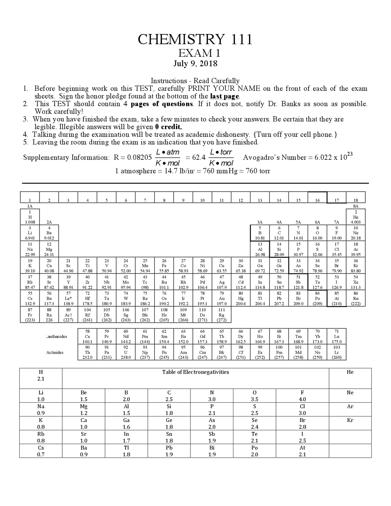 Practice Exam 1 - Preparatory Chemistry - 2018 | CH 111 | Exams ...