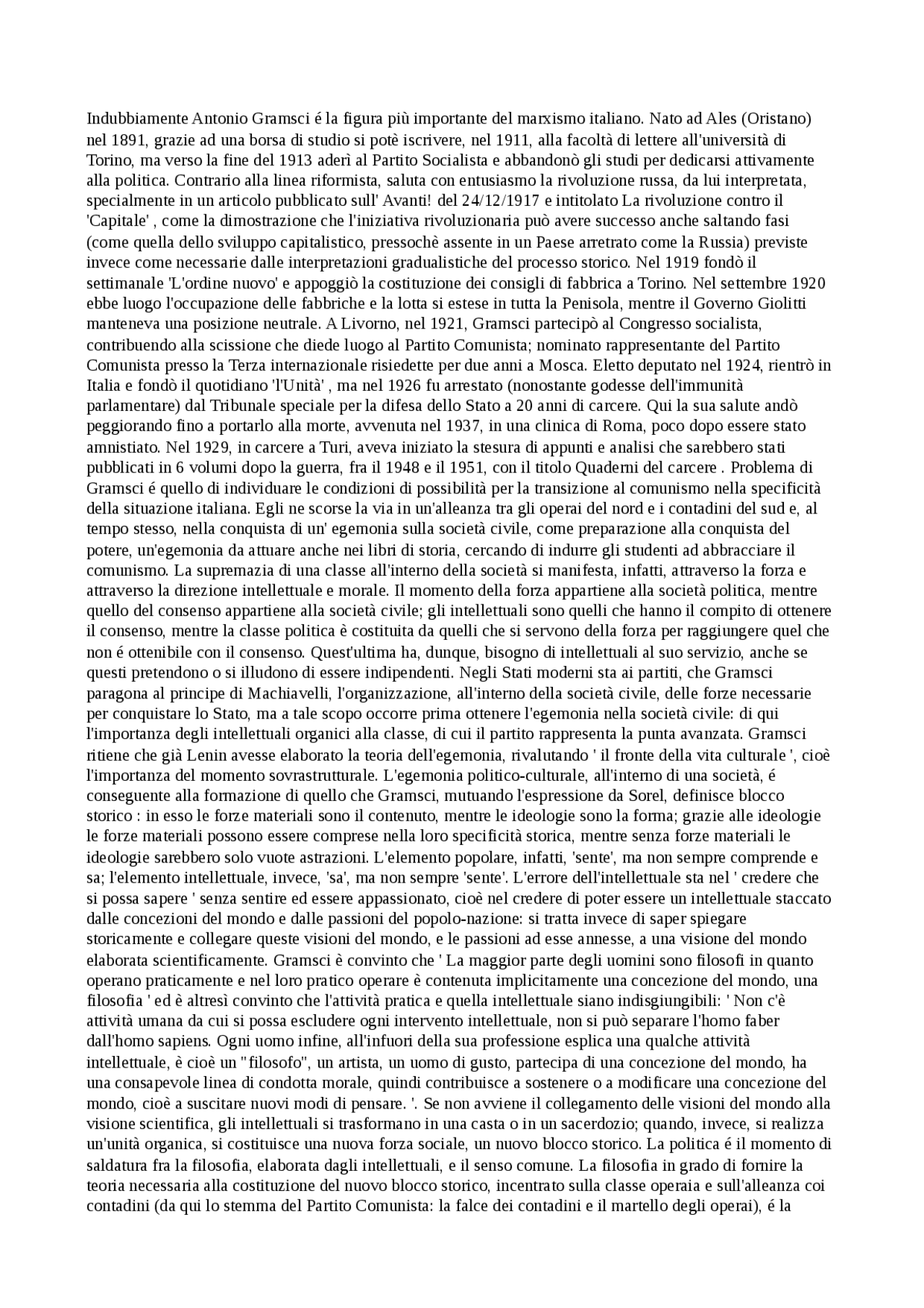Appunti Su Antonio Gramsci Docsity