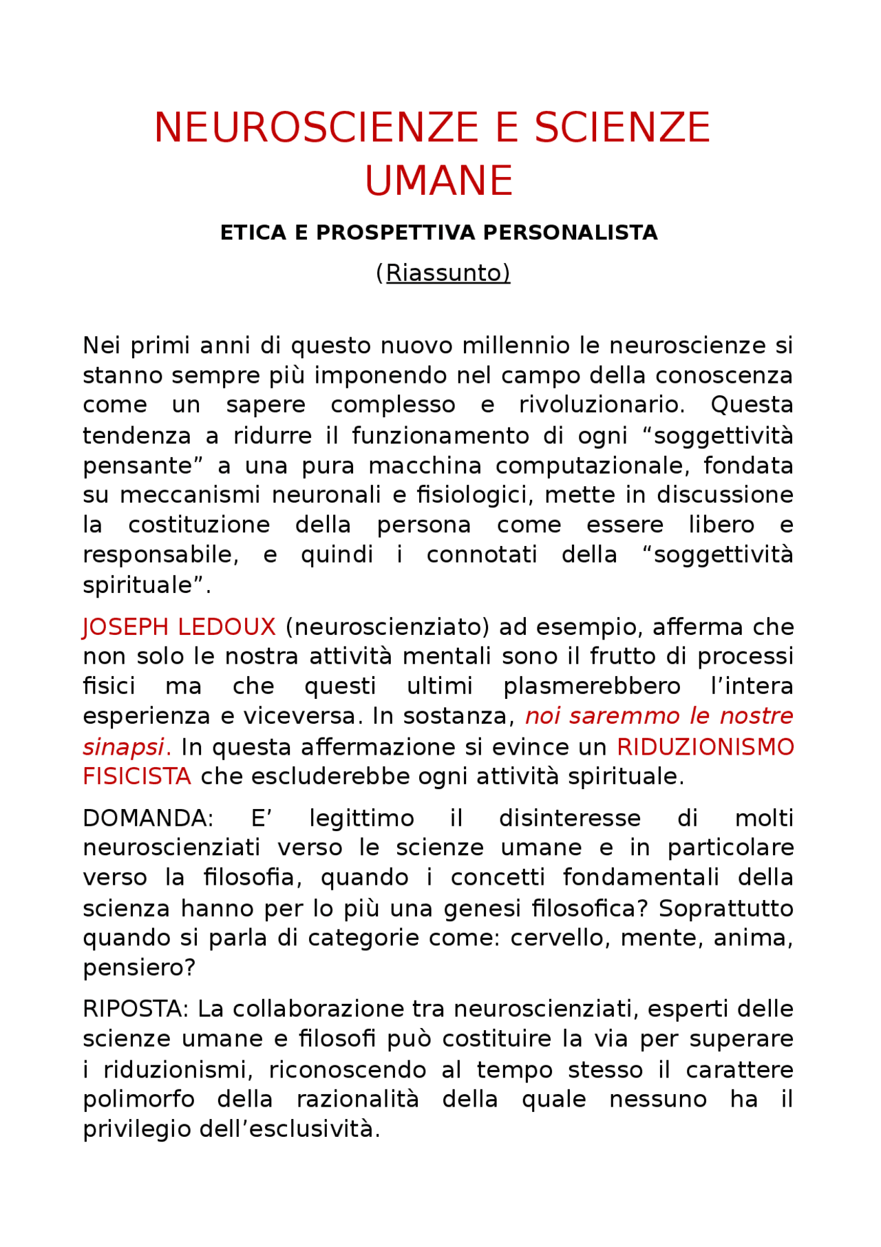 Riassunto Neuroscienze E Scienze Umane Docsity