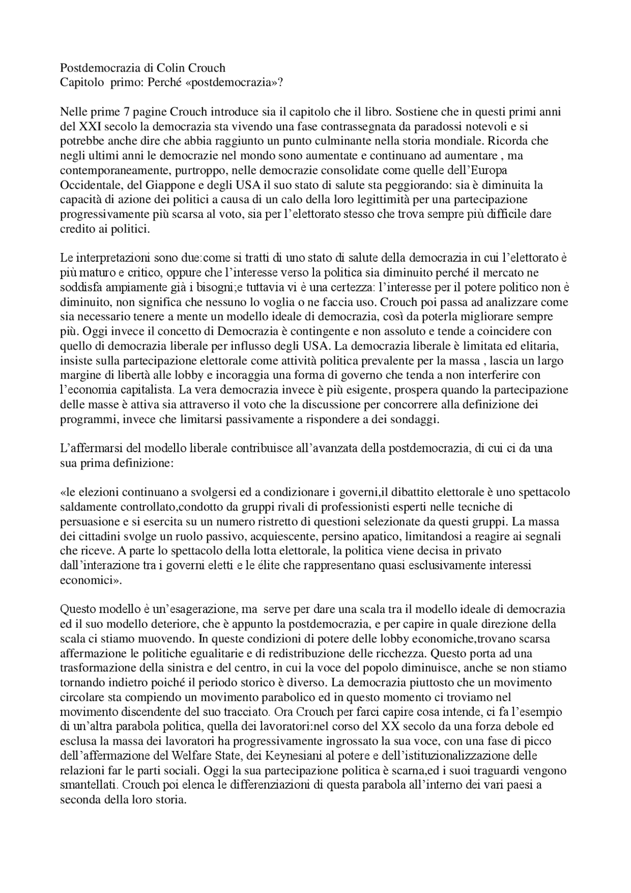 Postdemocrazia di Colin Crouch - Docsity