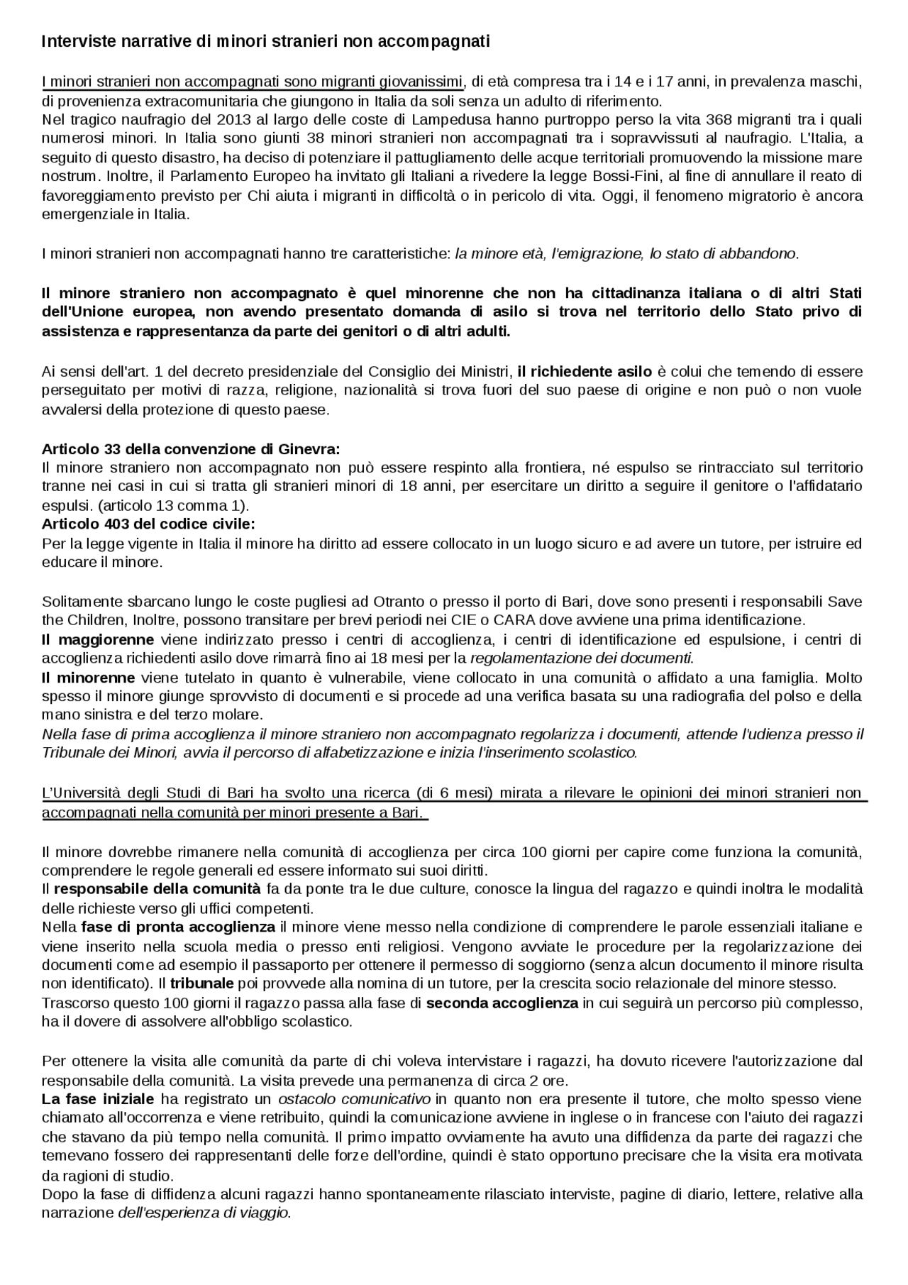 Interviste A Minori Stranieri Non Accompagnati Docsity