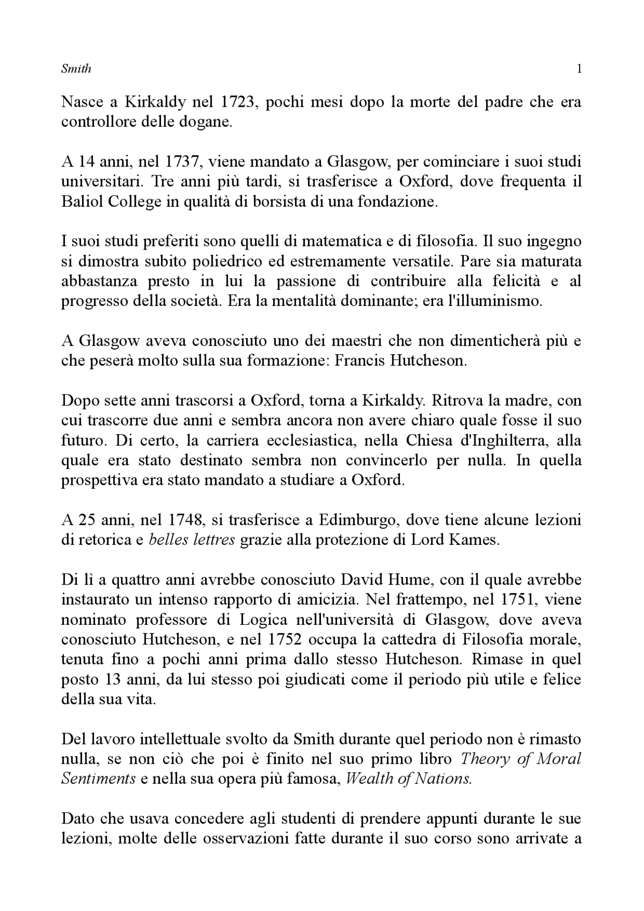 Adam Smith Breve Riassunto Docsity
