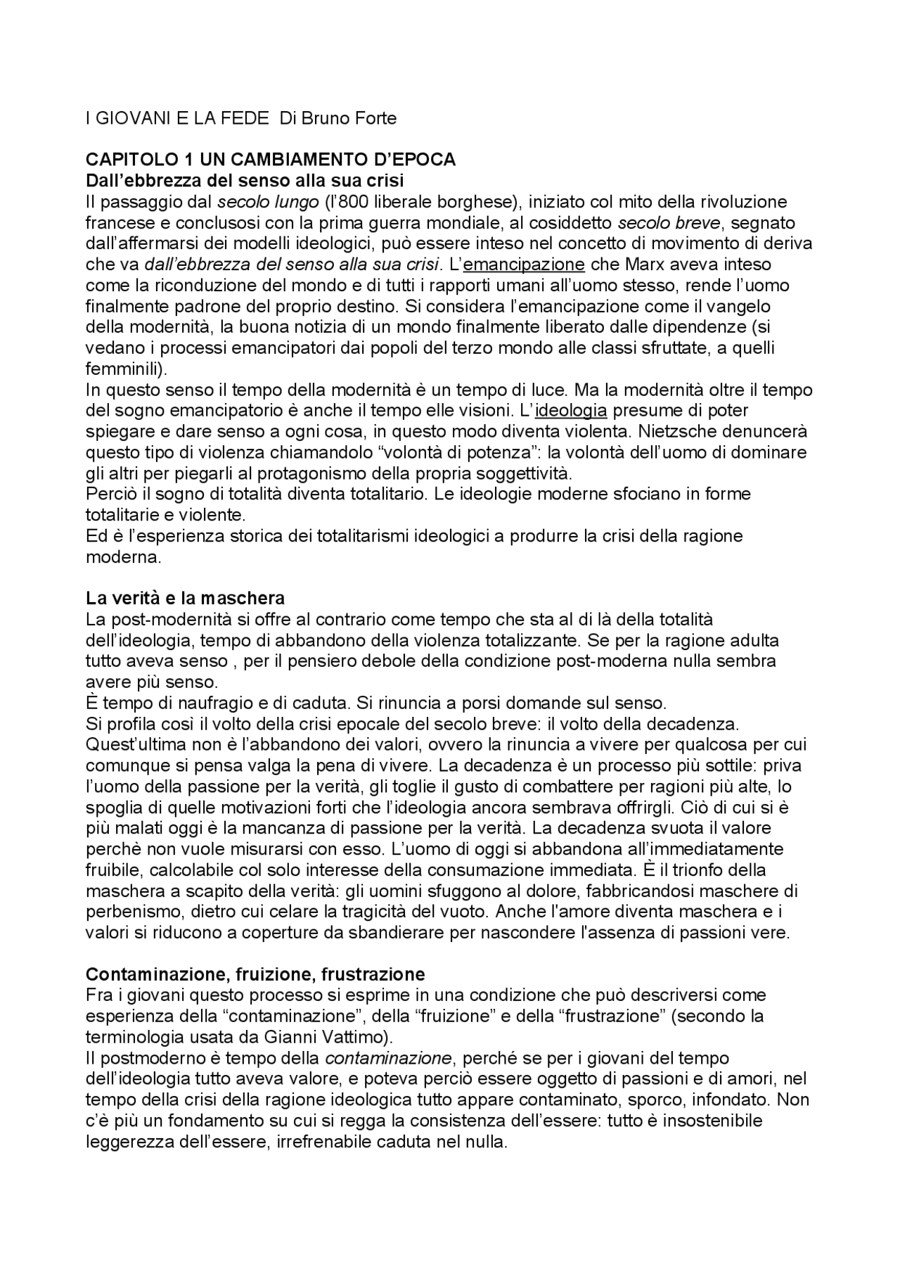 Sintesi I Giovani E La Fede Di B Forte Docsity