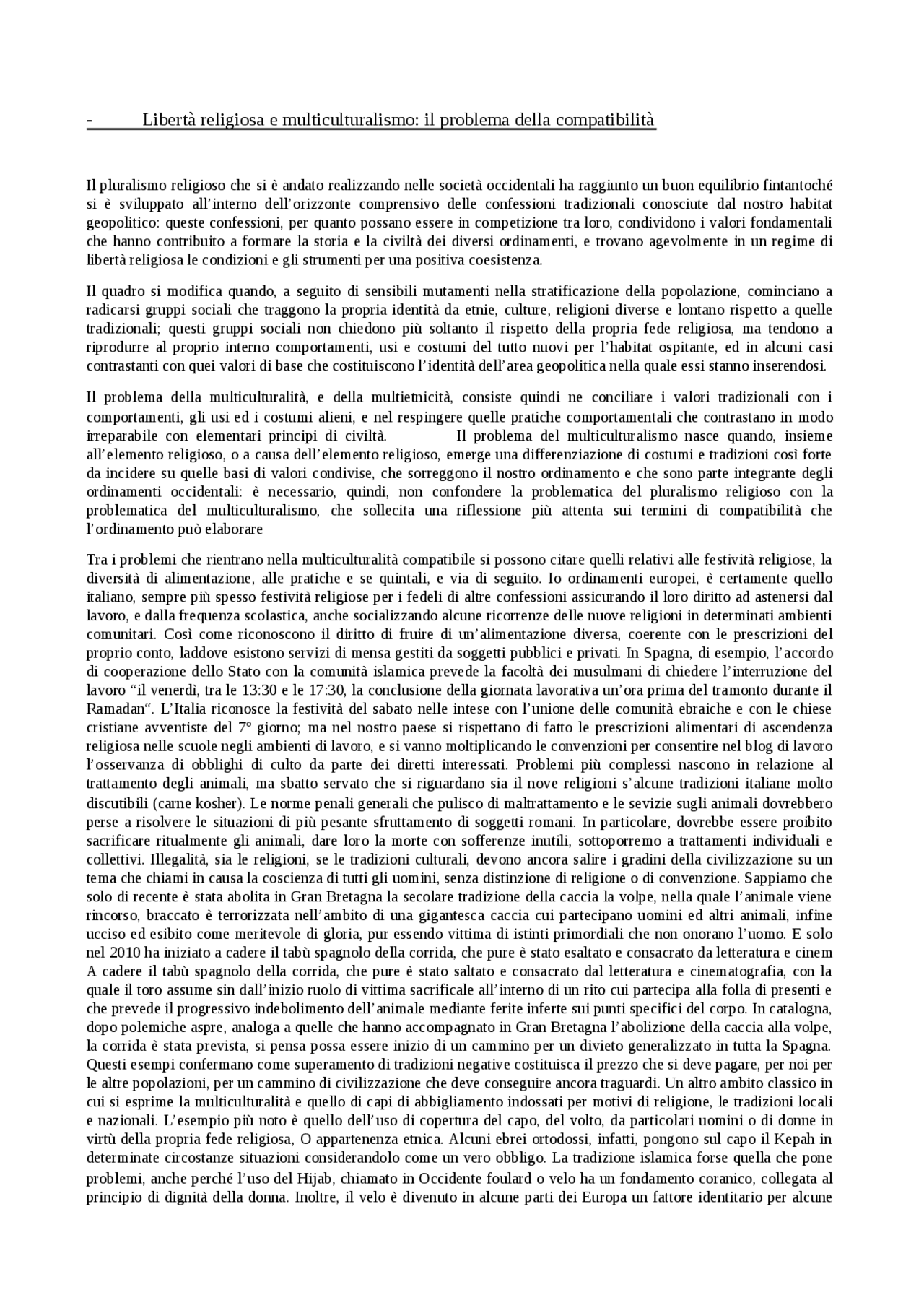 La Libertà Religiosa E Multiculturalismo Diritto Ecclesiastico Docsity