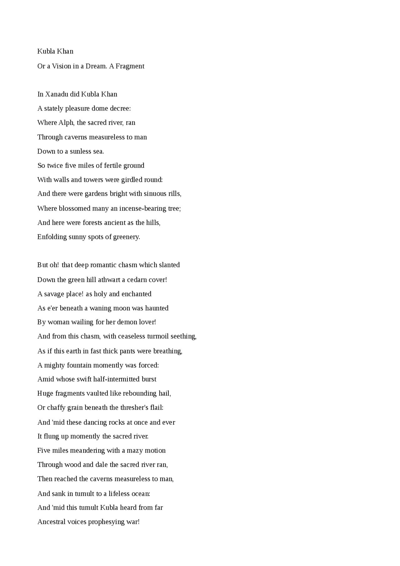 Analisi Kubla Khan By St Coleridge Letteratura Inglese 2 Docsity