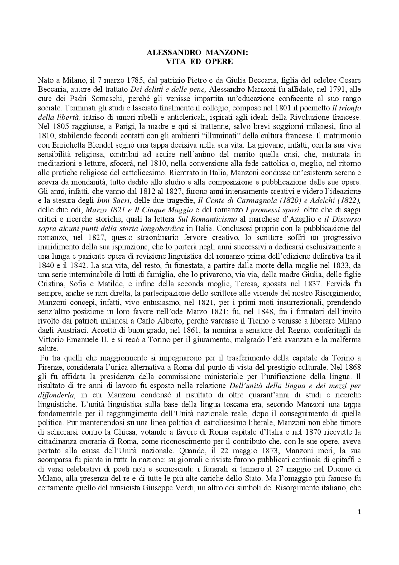 Riassunto dispense alessandro manzoni | Appunti di Italiano | Docsity