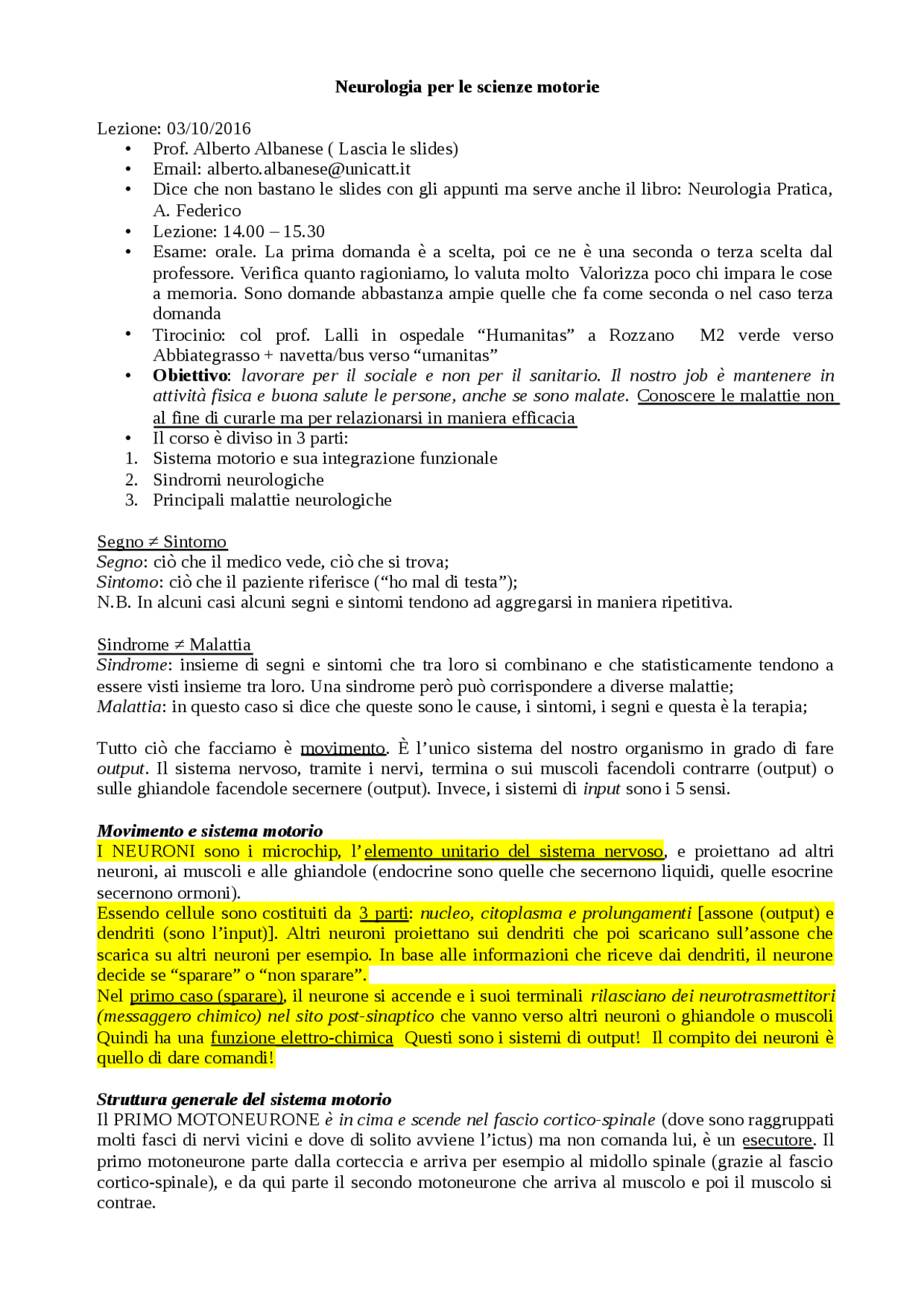 Neurologia Per Le Scienze Motorie Docsity