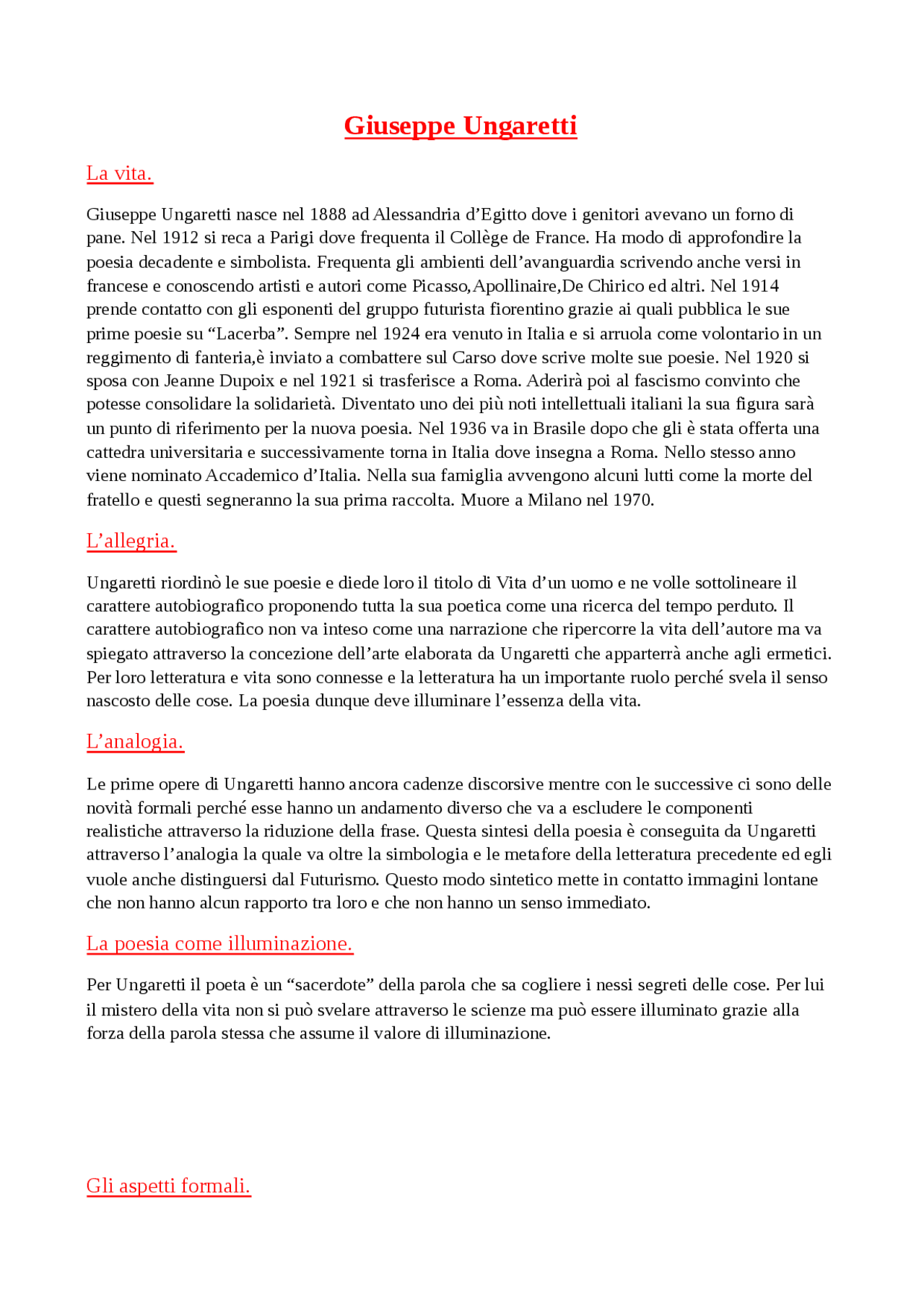 Giuseppe Ungarettivita E Opere Docsity