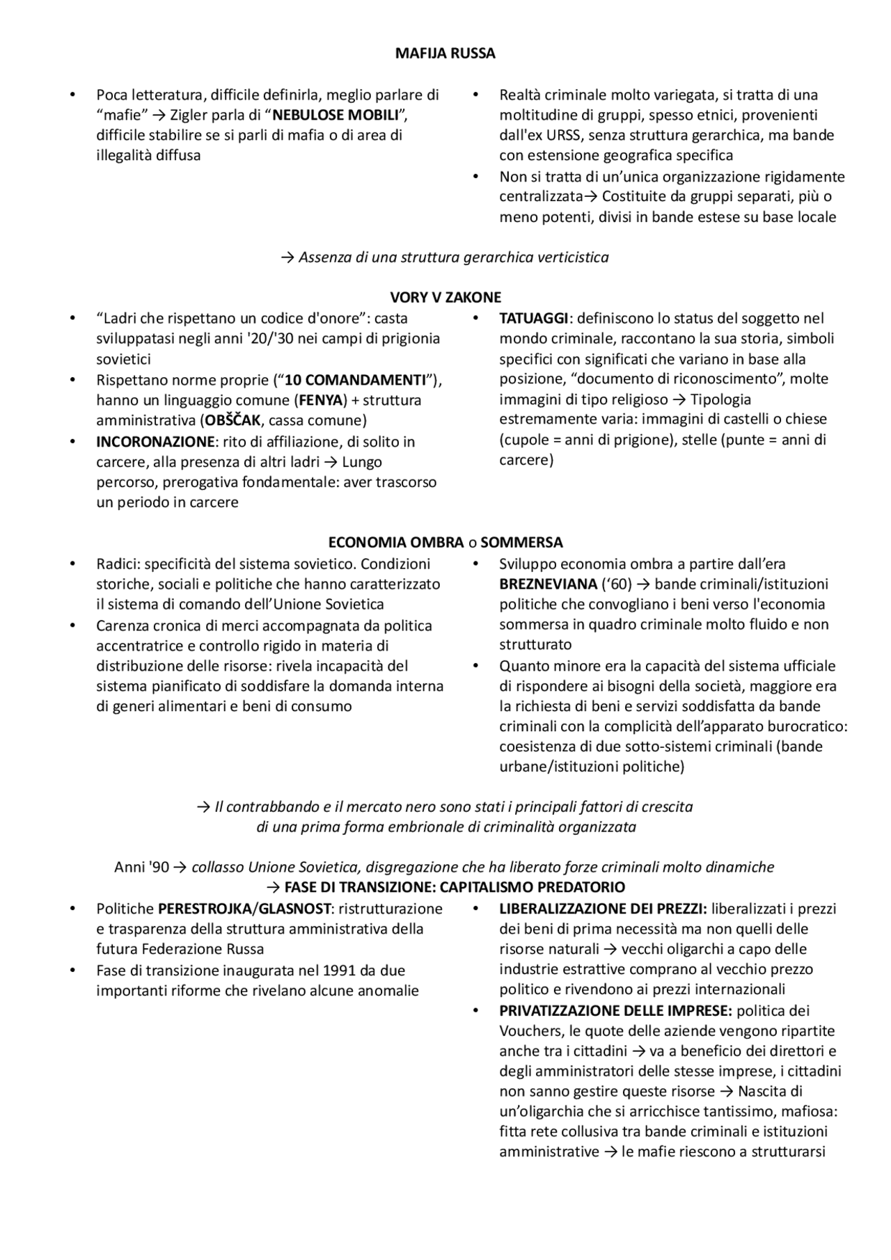 Mafia Russa Schema Riassuntivo Docsity