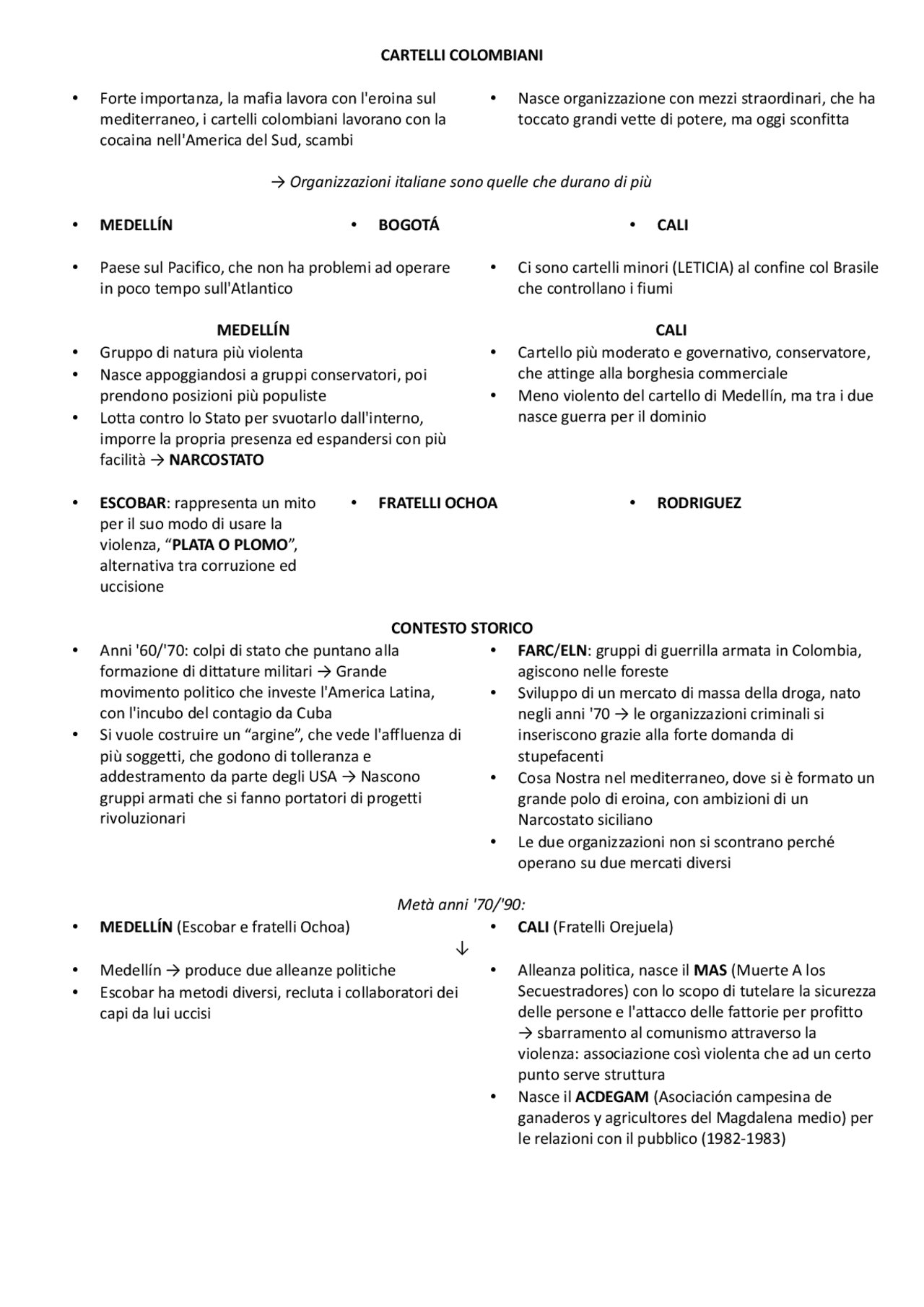 Cartelli Colombiani - Schema Riassuntivo - Docsity