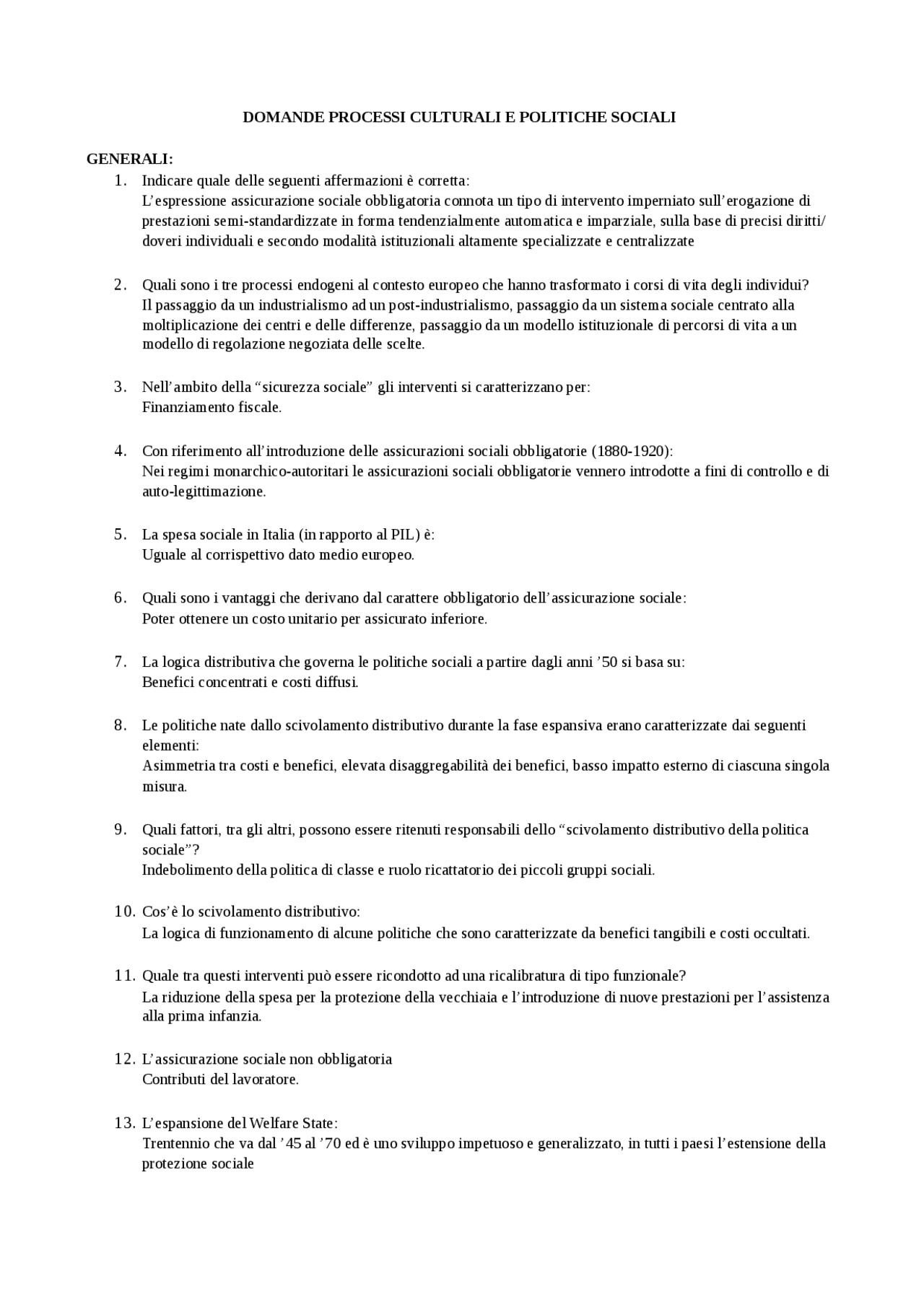 Domande Processi Culturali E Politiche Sociali Docsity