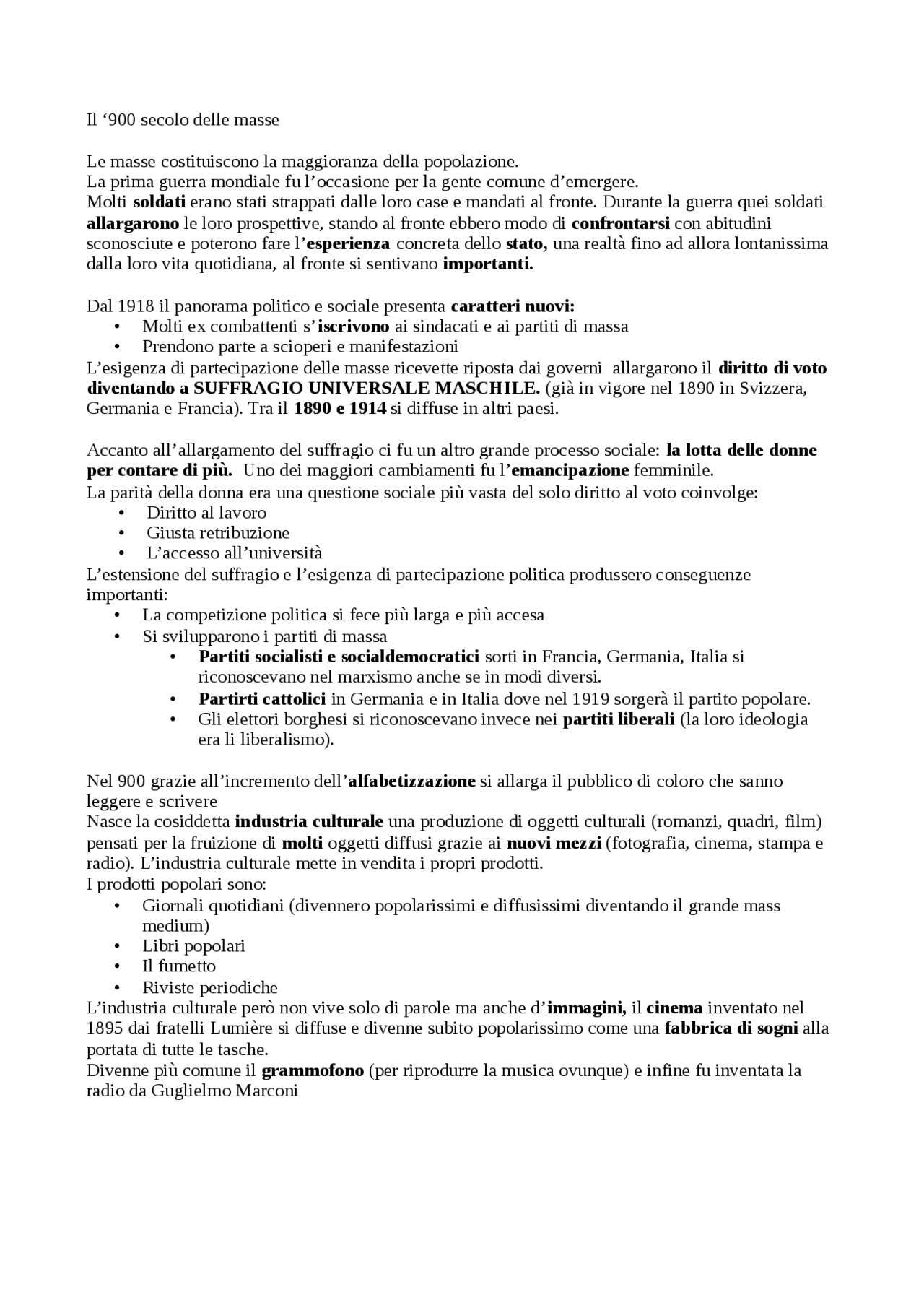 Il secolo delle masse - Docsity