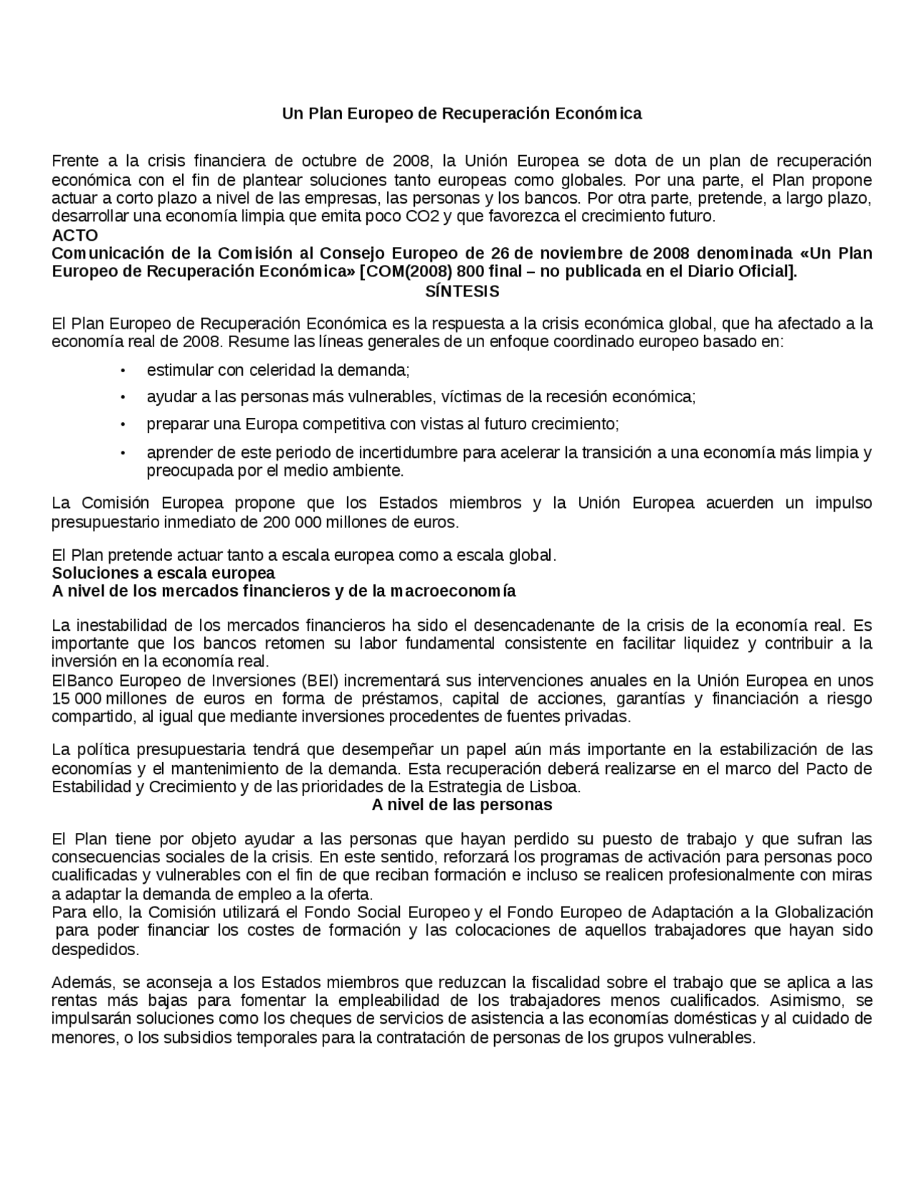 Plan Europeo de Recuperación Económica - Docsity