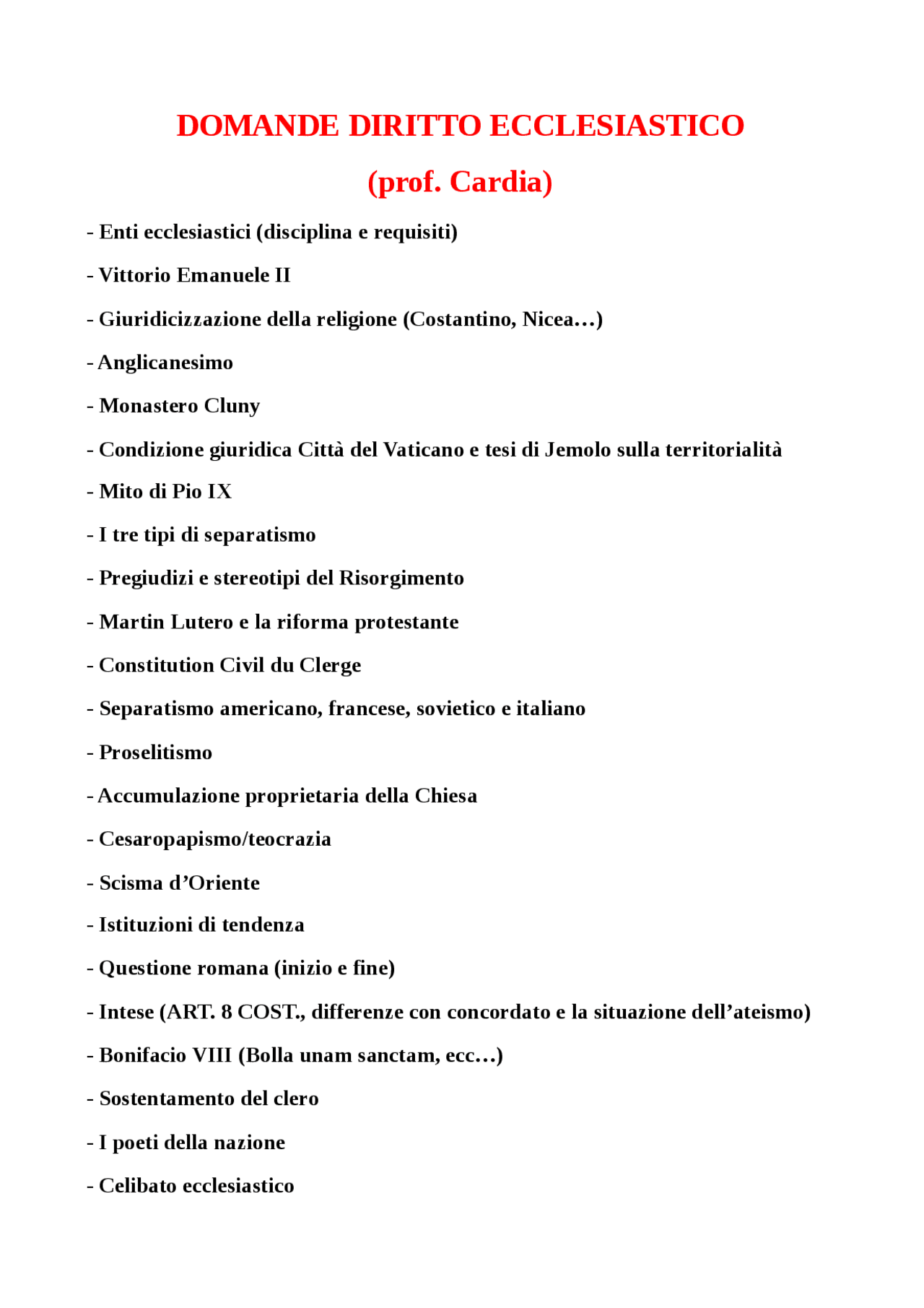 Domande Diritto Ecclesiastico Docsity