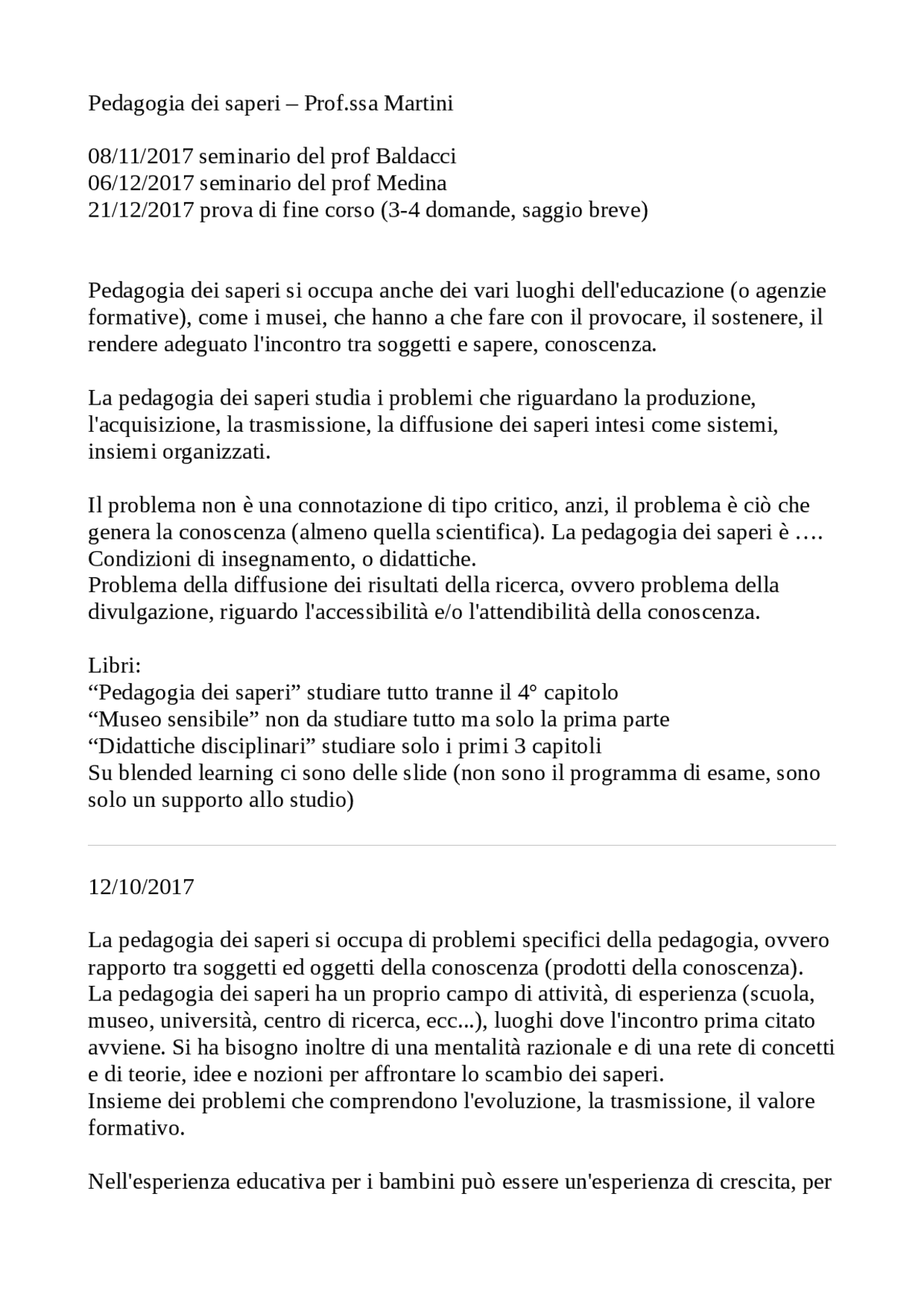 Appunti Di Pedagogia Dei Saperi Docsity