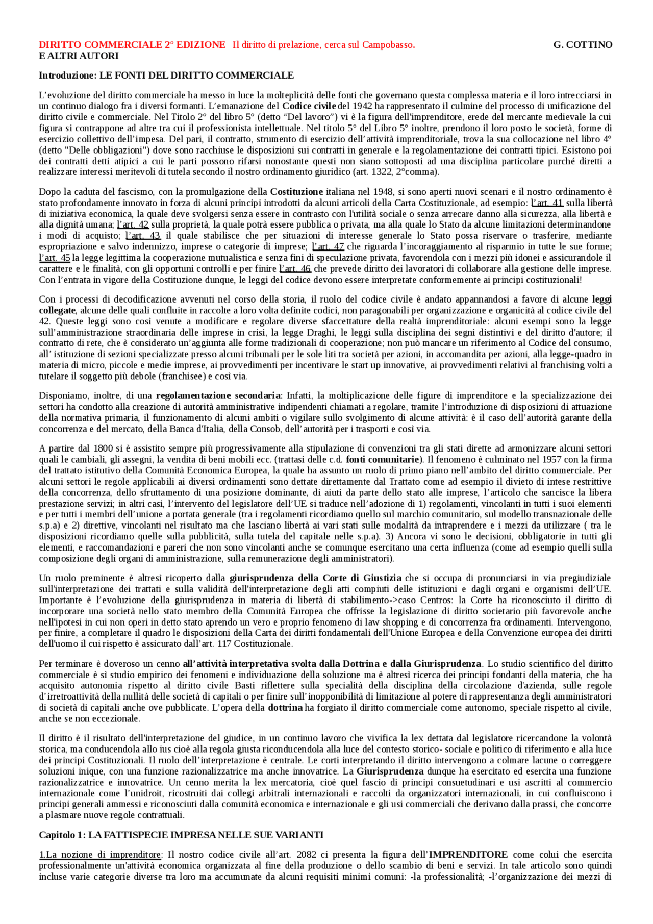 Riassunto del manuale di Diritto Commerciale G. Cottino - Docsity