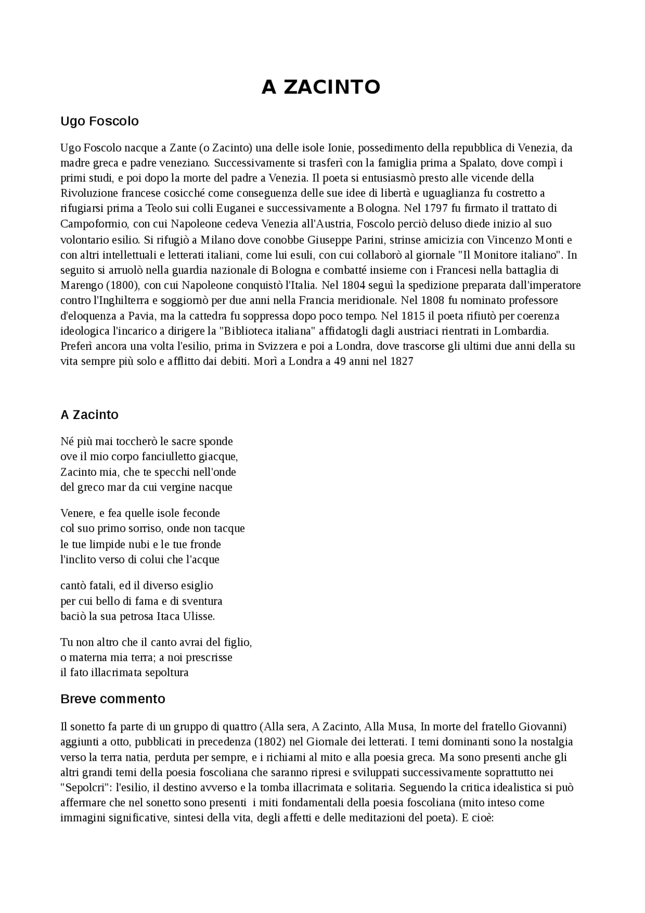 A Zacinto Ugo Foscolo Docsity