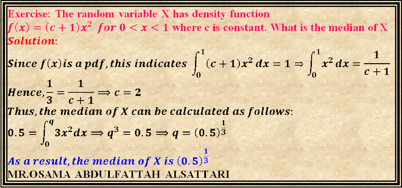 Evaluating the median of a random variable with a particular probability density function. - Docsity