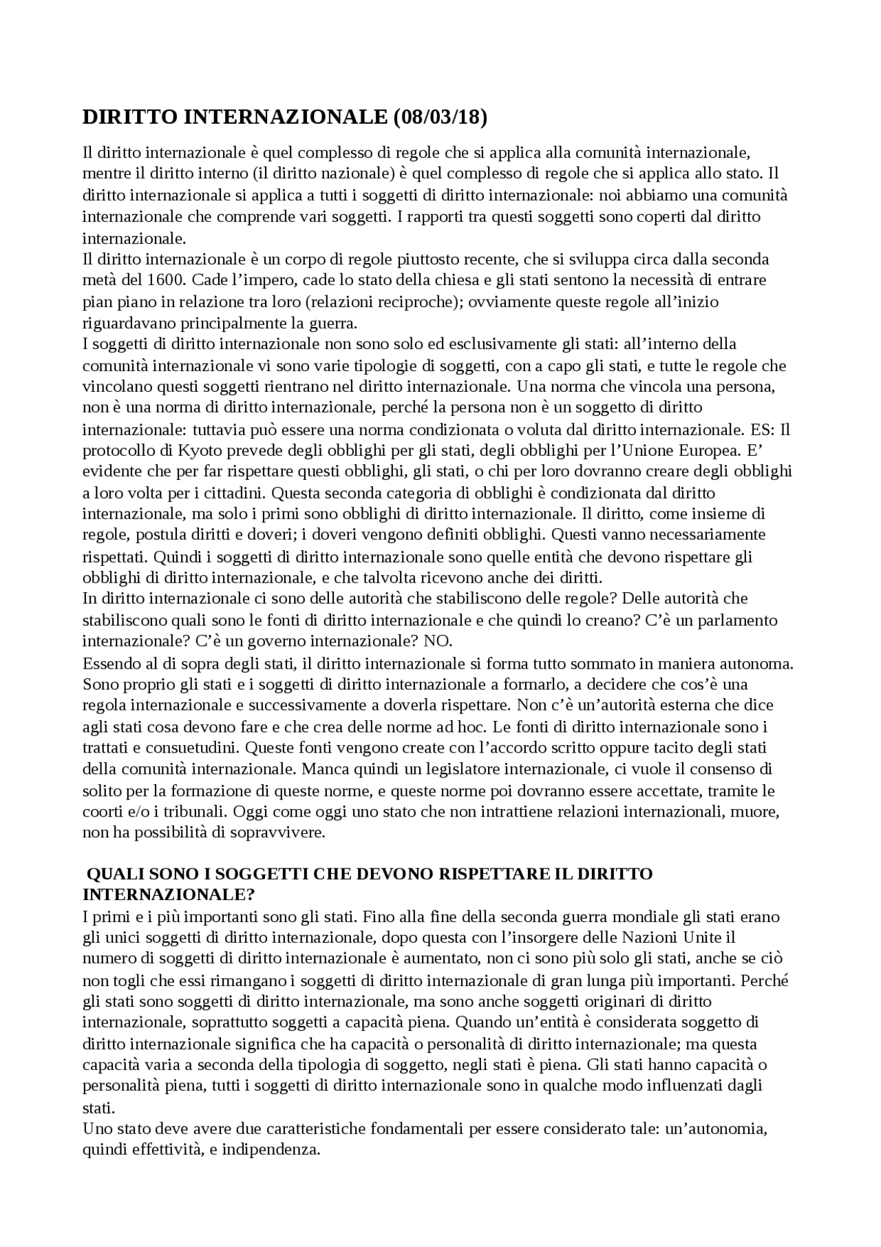 Riassunto di diritto internazionale - Docsity