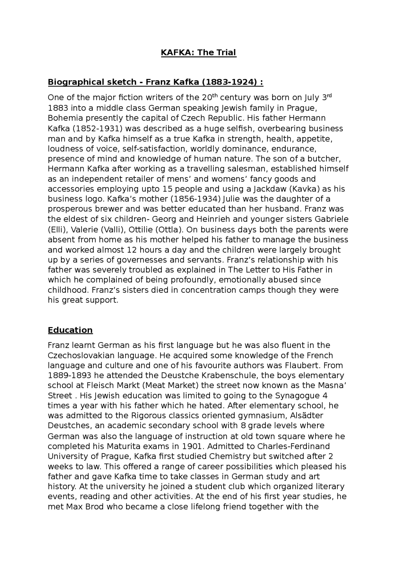 The trial- Franz Kafka - Docsity