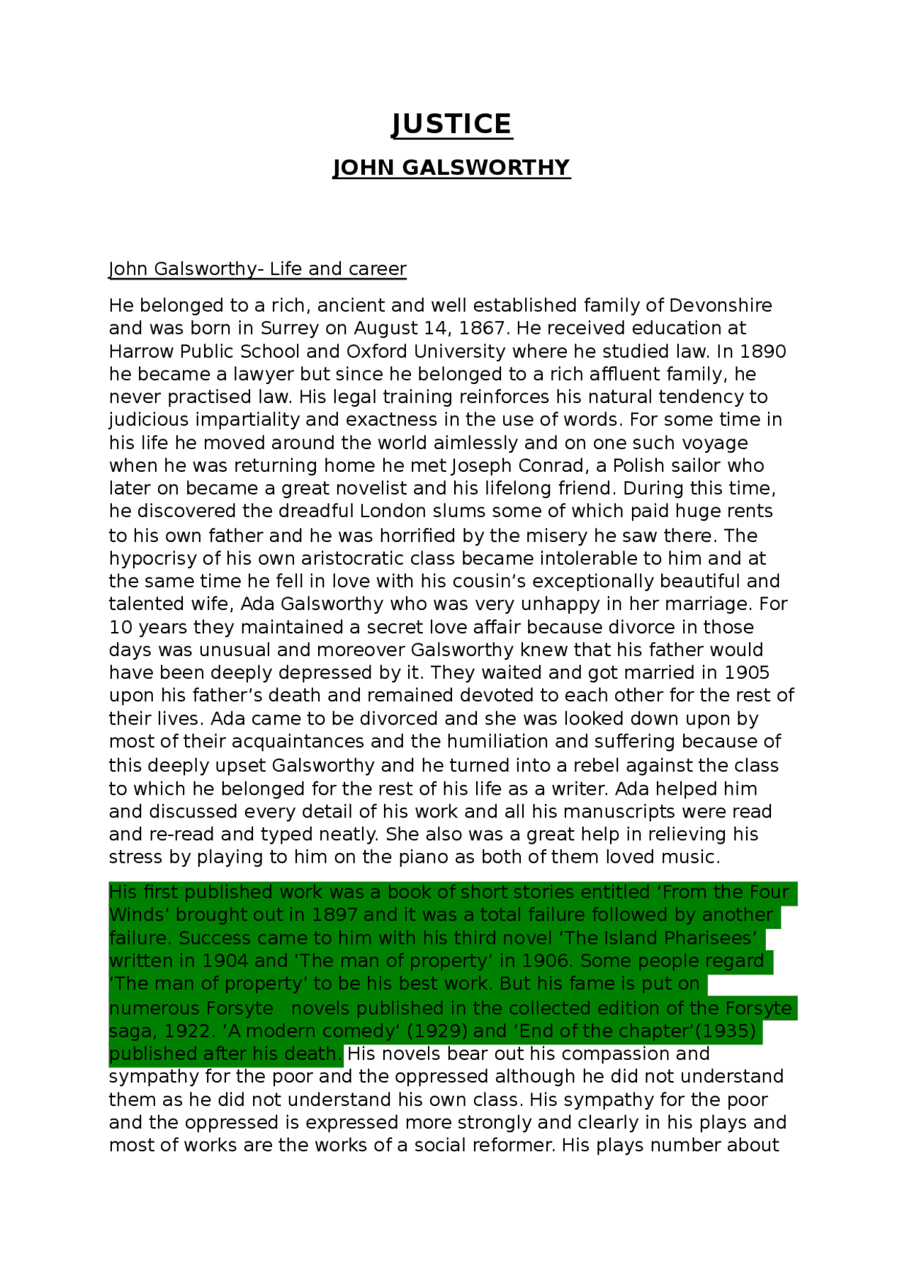 Justice By John Galsworthy Docsity