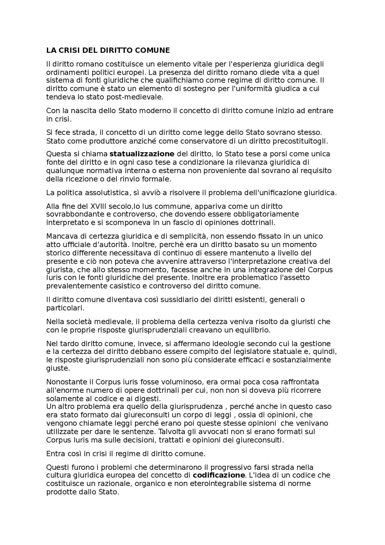 Crisi del diritto comune | Appunti di Storia Del Diritto Medievale E Moderno | Docsity