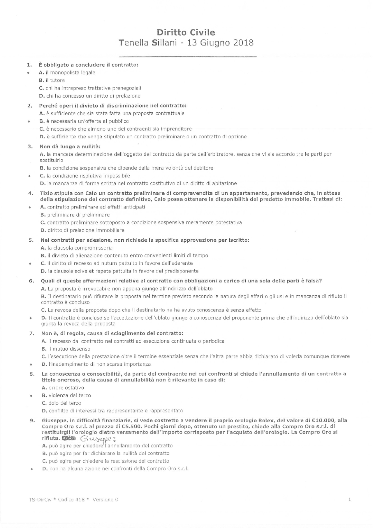 Test Civile Unimi Tenella Prove Desame Di Diritto Civile Docsity