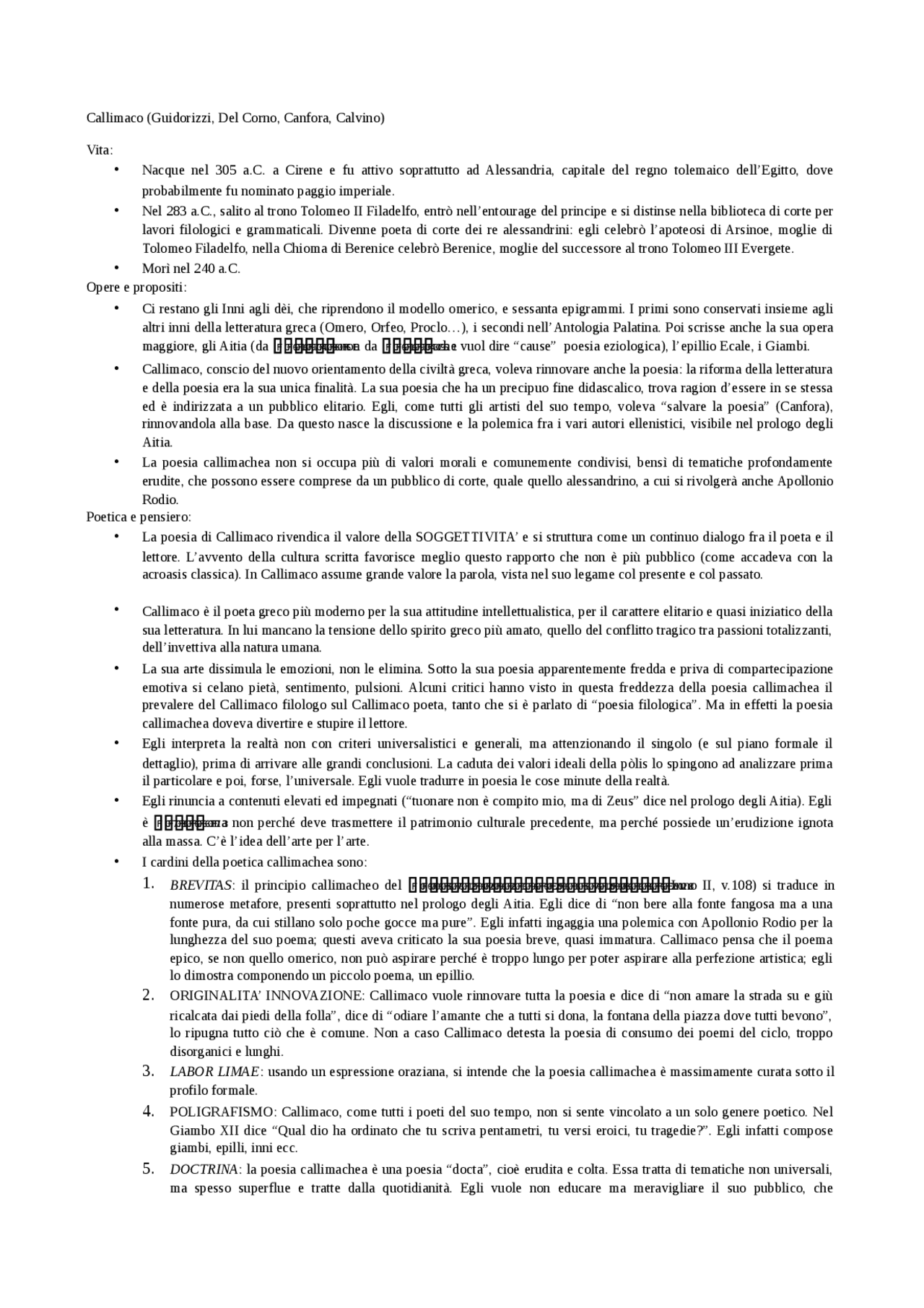 Scheda Sintetica Su Callimaco Vita E Opere Docsity