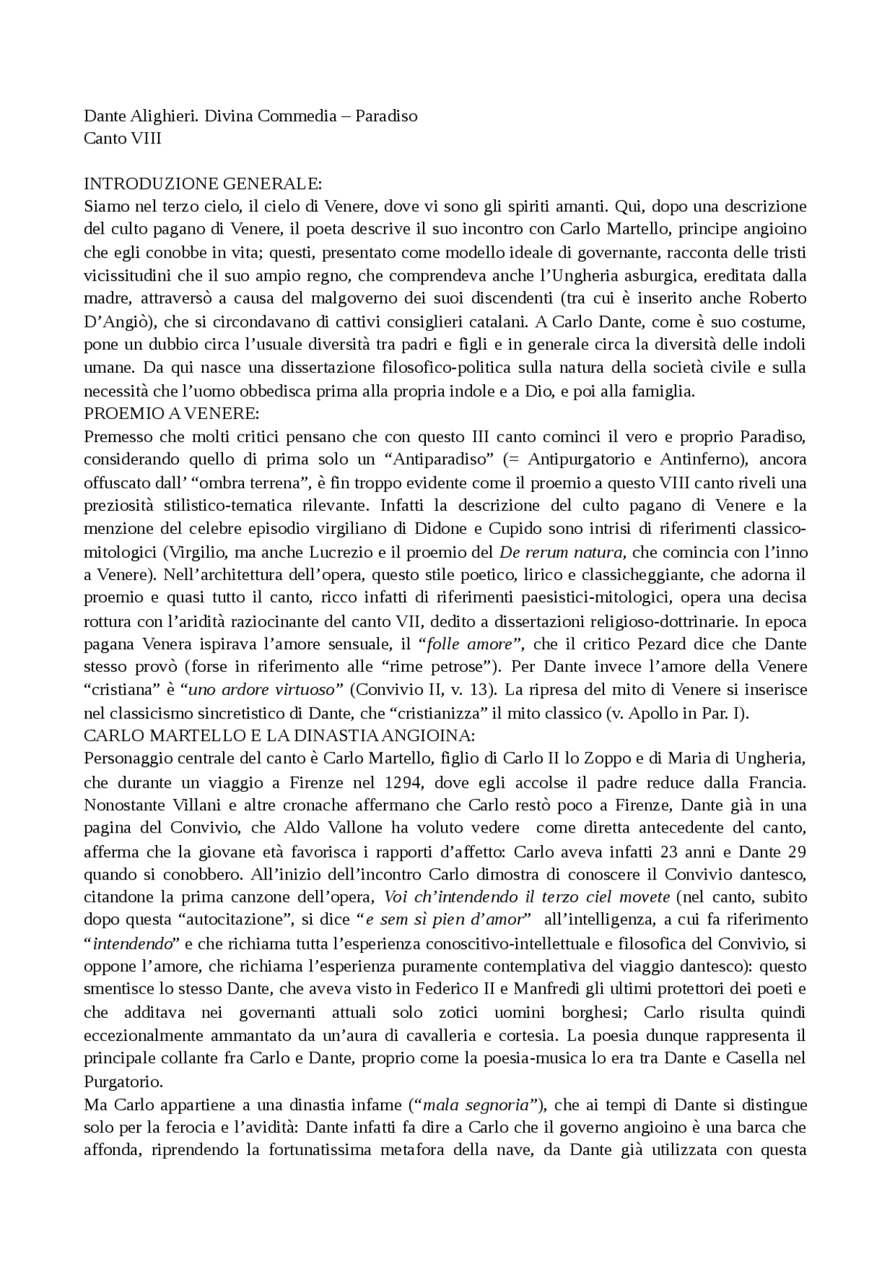 Quadro Generale Del Canto Viii Del Paradiso Di Dante Alighieri Docsity