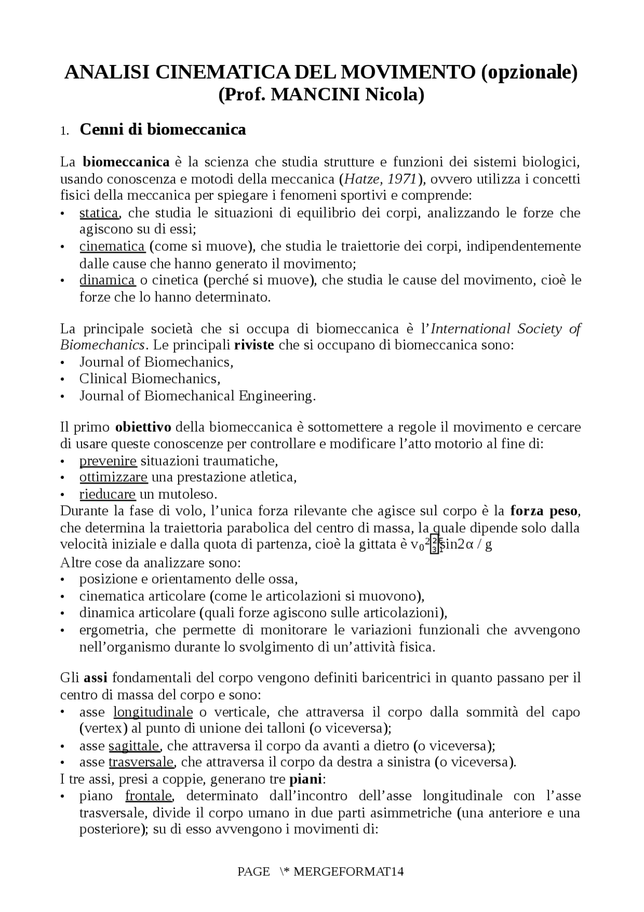 Analisi Cinematica Del Movimento Prof Mancini Docsity
