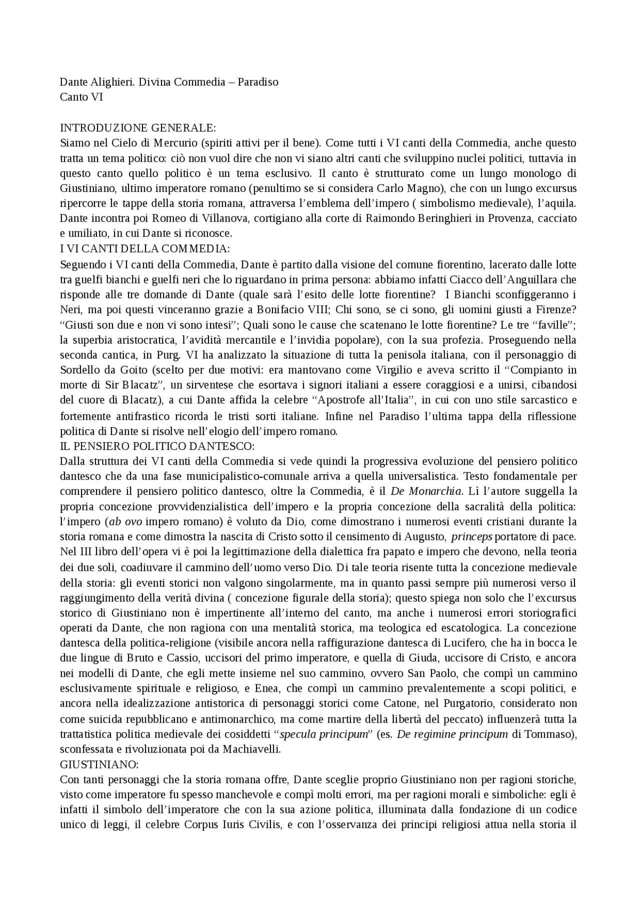 Quadro Generale Del Canto Vi Del Paradiso Di Dante Alighieri Docsity