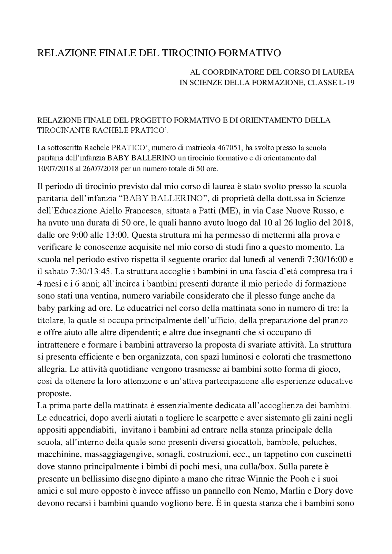 Relazione Tirocinio Formativo Scienze Della Formazione Docsity
