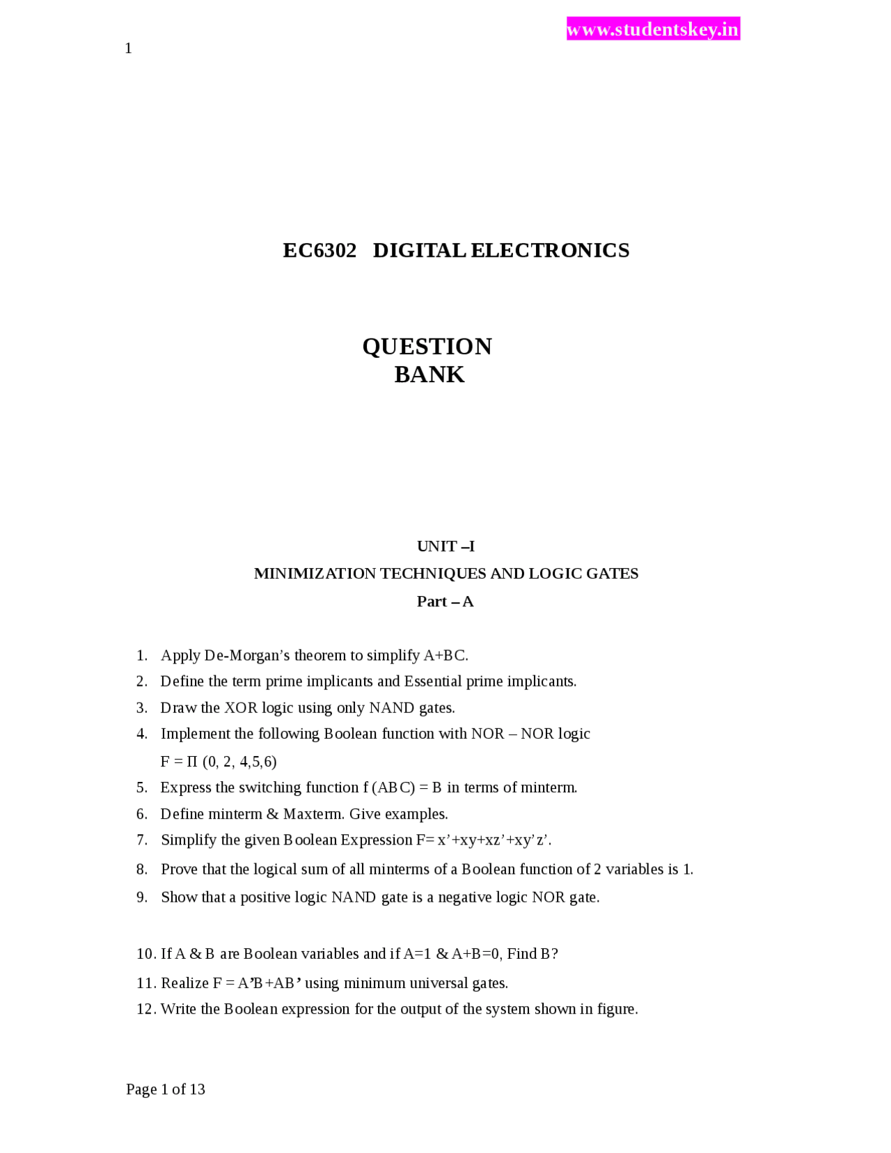 Question Bank For Digital Electronics Exams Electronics Docsity