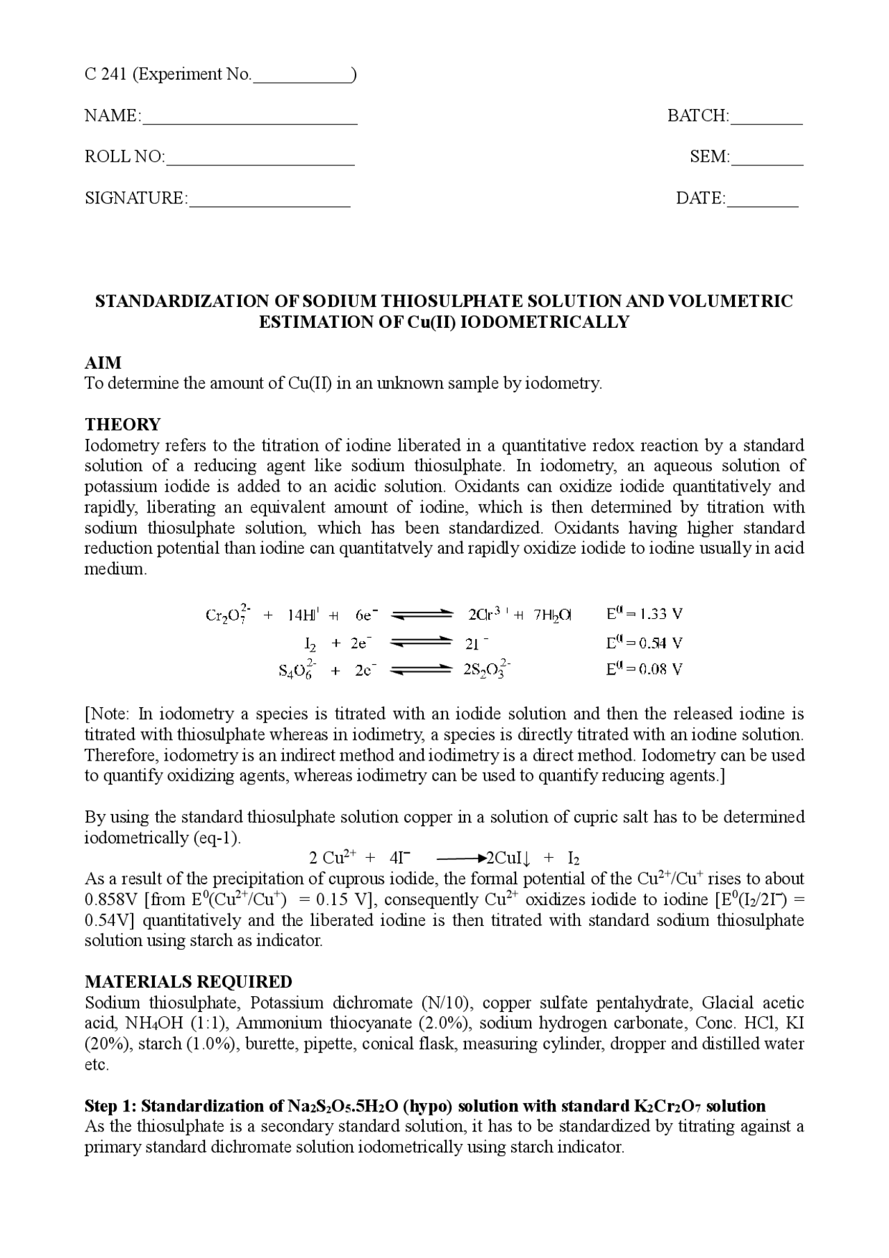 Titration Of Potassium Dichromate Docsity