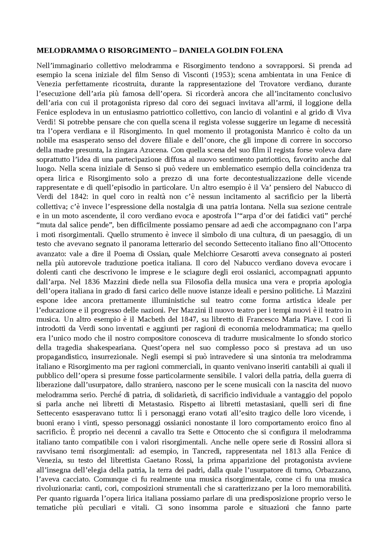 Riassunto Melodramma O Risorgimento Saggio Di Daniela Goldin