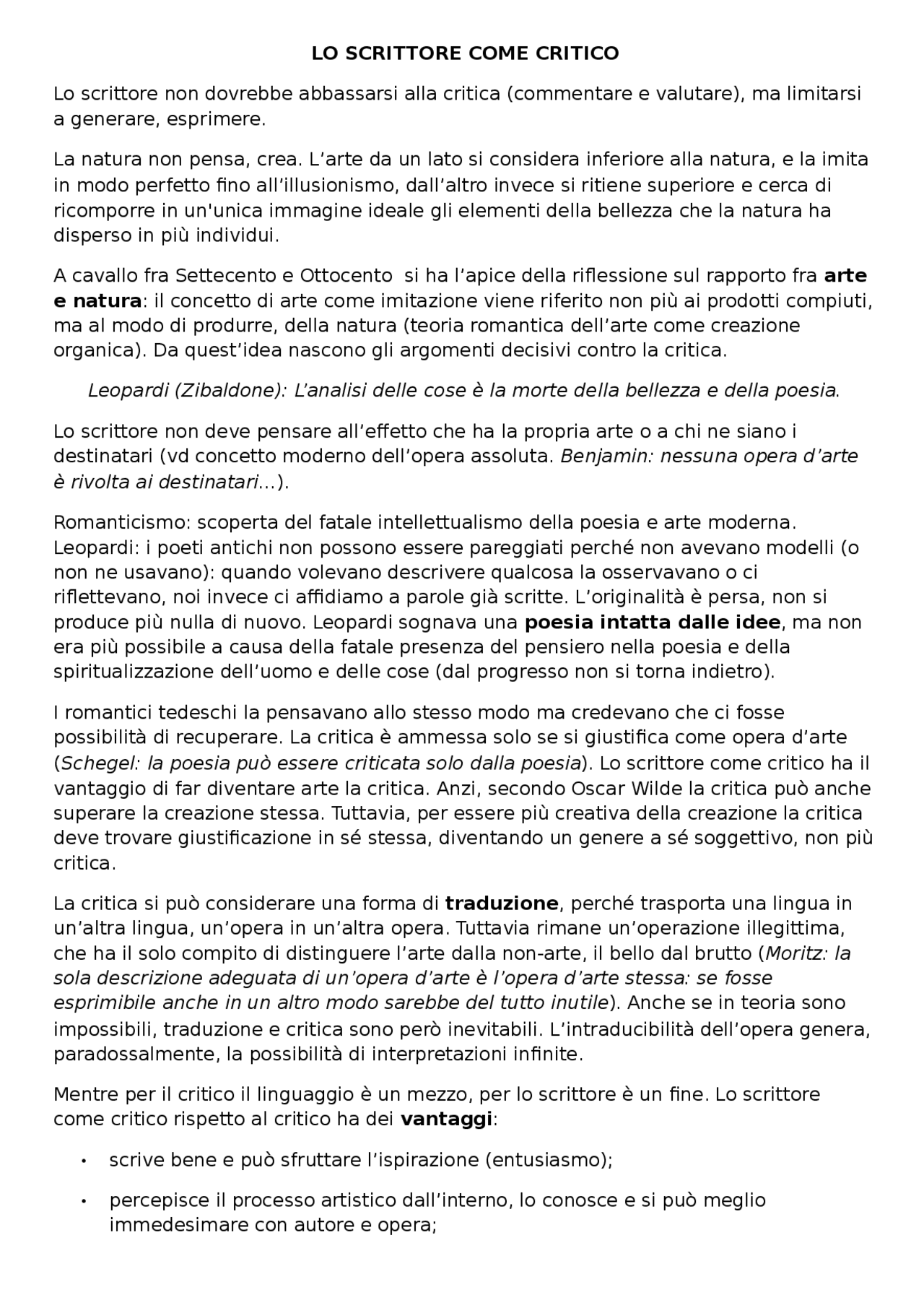 Lo Scrittore Come Critico Docsity
