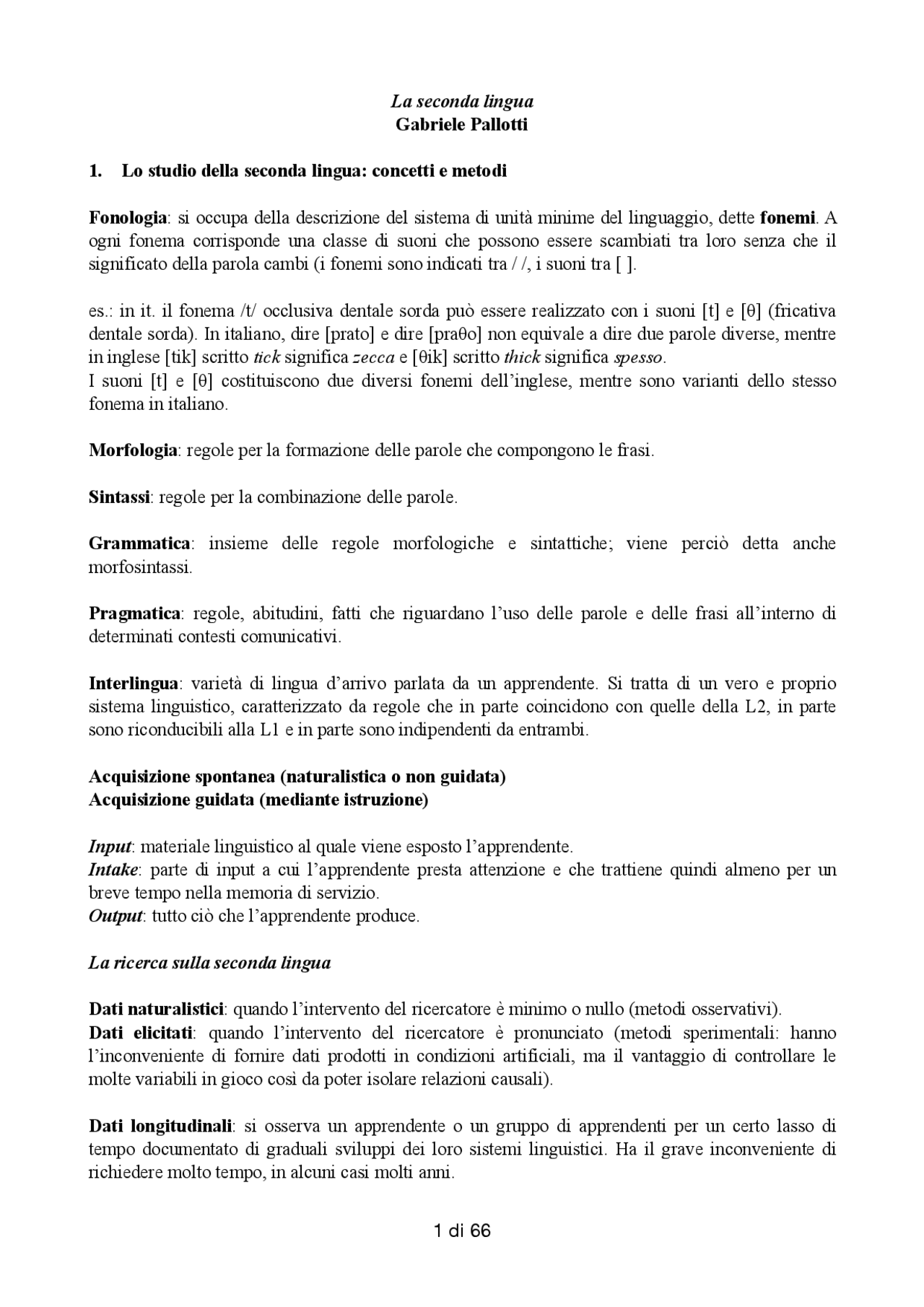 La seconda lingua, Gabriele Pallotti (riassunto) - Docsity