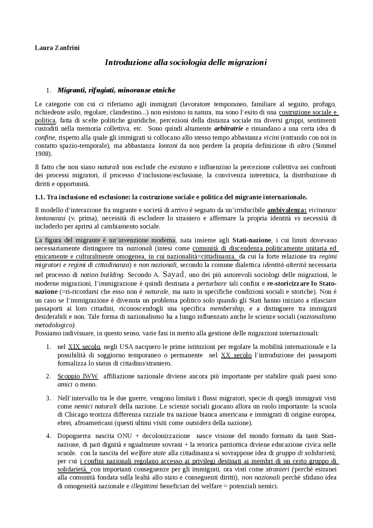 Sociologia Dei Processi Migratori Riassunto Zanfrini Docsity
