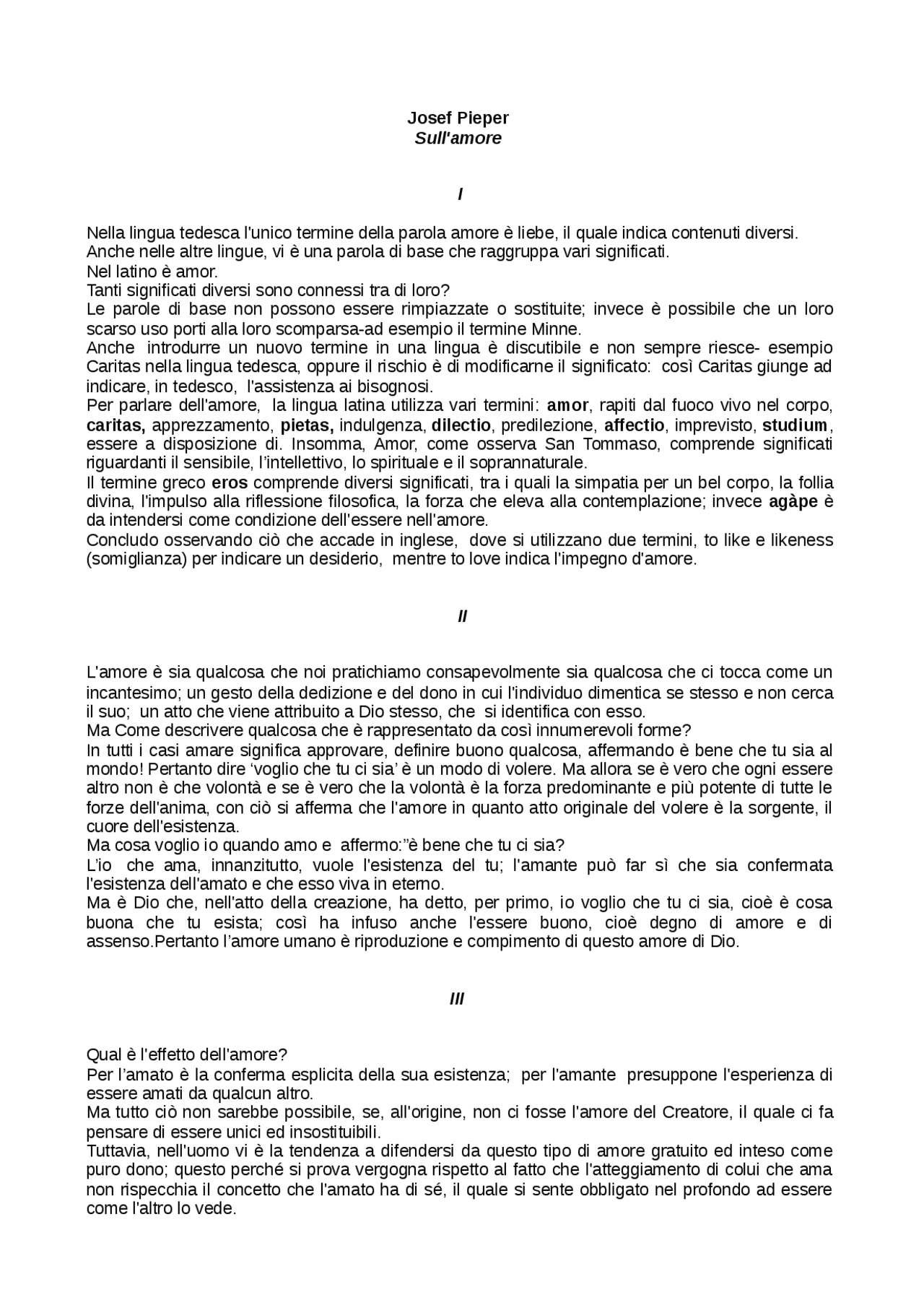 Josef Pieper Sullamore Sintesi Del Corso Di Filosofia Morale Docsity